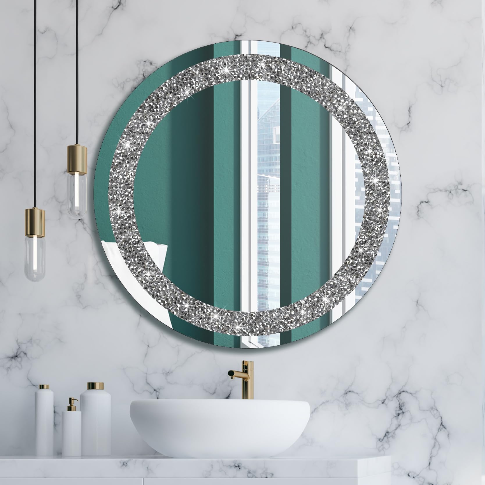 Amazon.com: Crystal Diamond Mirror- Round Gorgeous Silver Mirror for ...