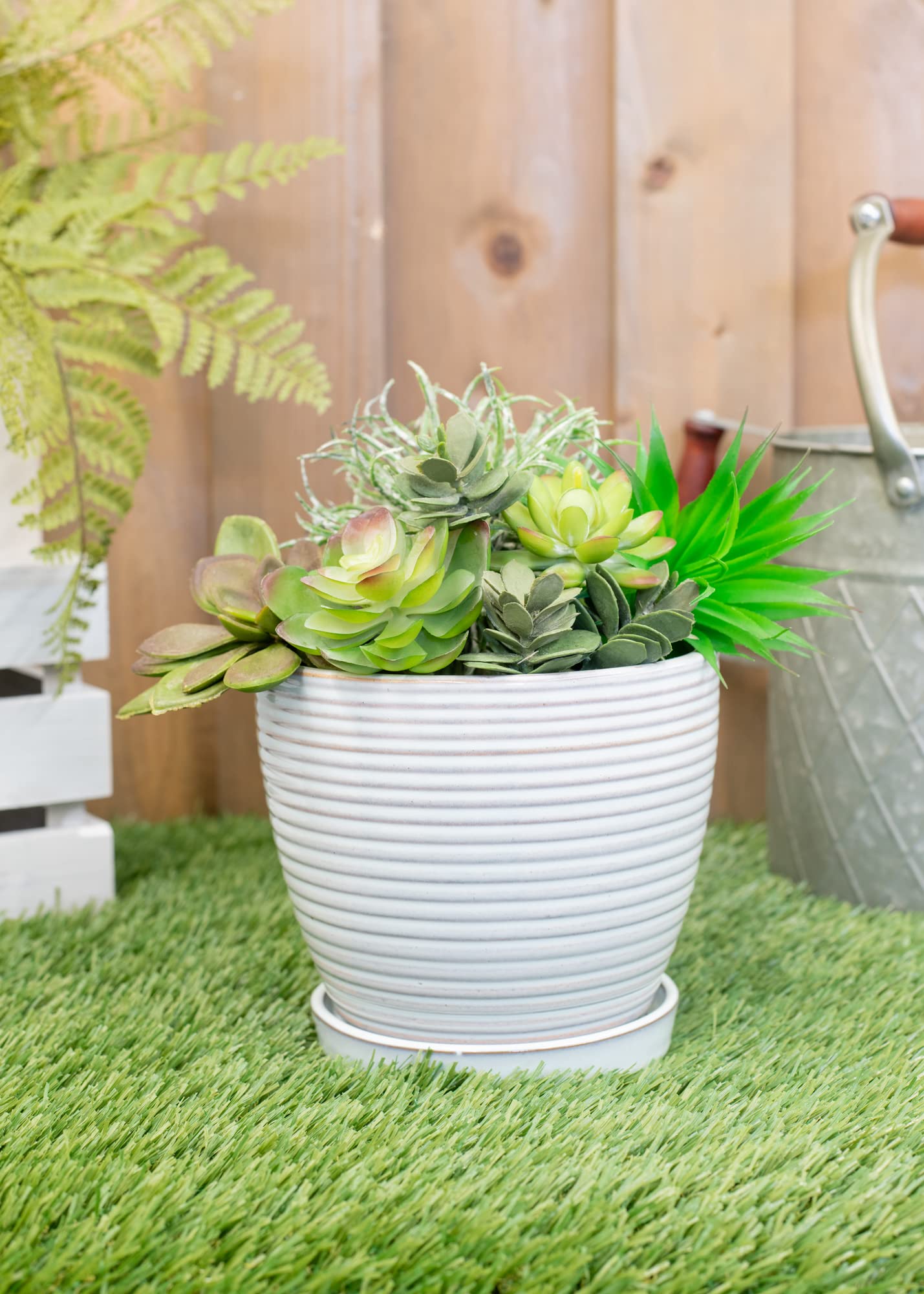 Snapklik.com : Napco Whitewash Ribbed 6.5 X 6 Ceramic Table Top Planter Pot