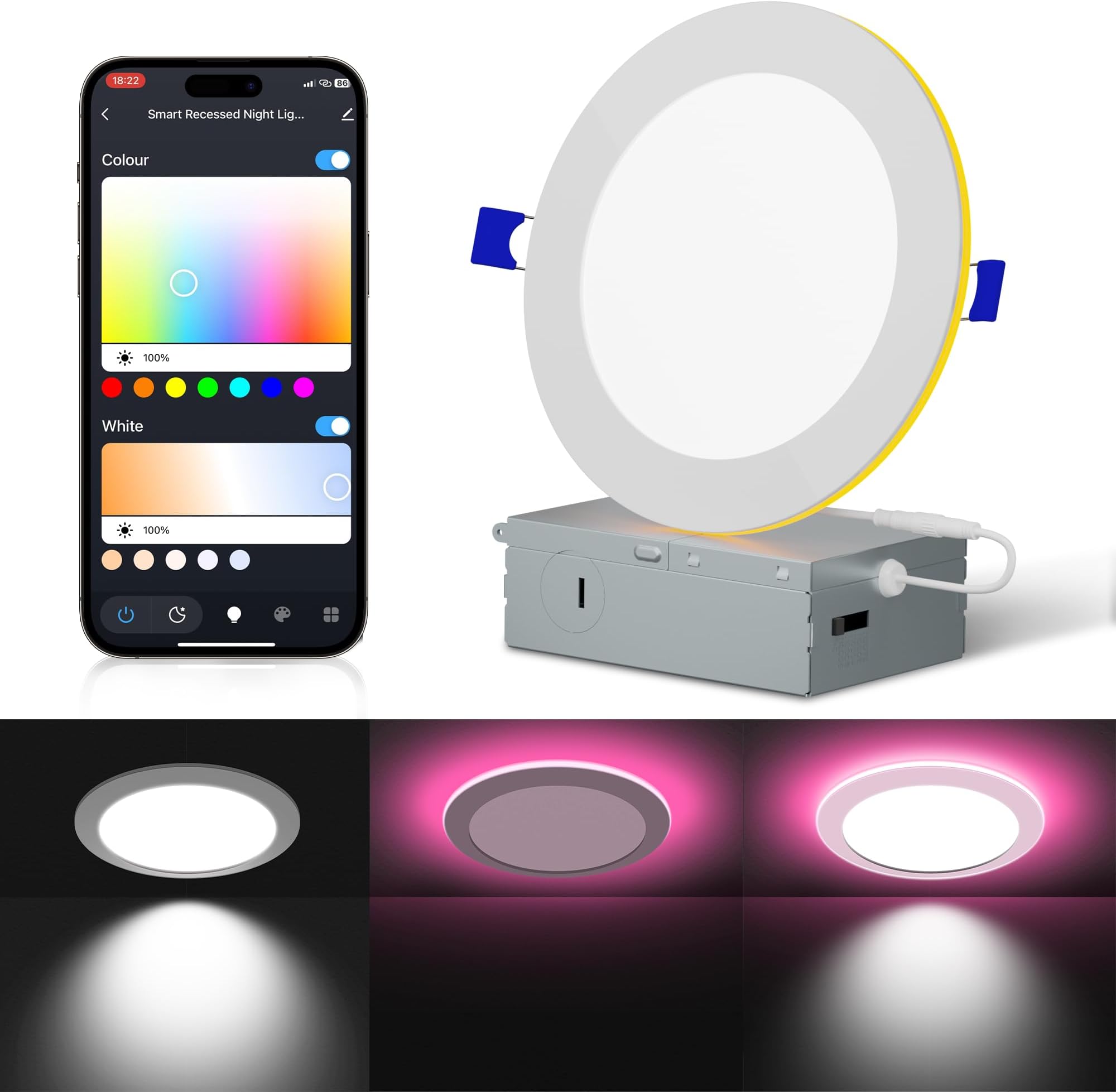 Rollin Light Smart Recessed Lighting 4 Inch - 1 Pack Wi-Fi RGB Color ...