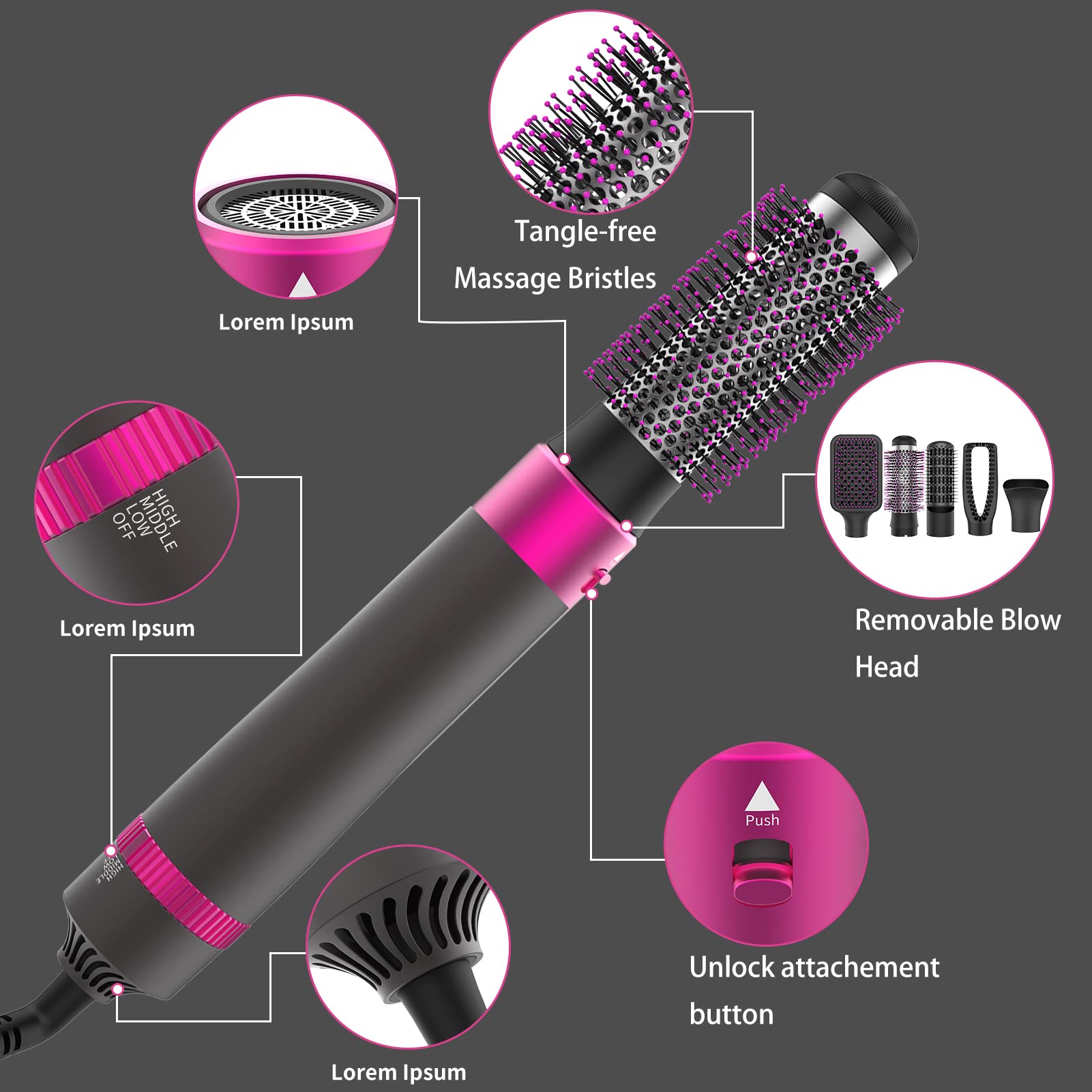 Hair Dryer Brush, 5 in 1 Hot Air Brush and Styler with Negative Ion ...