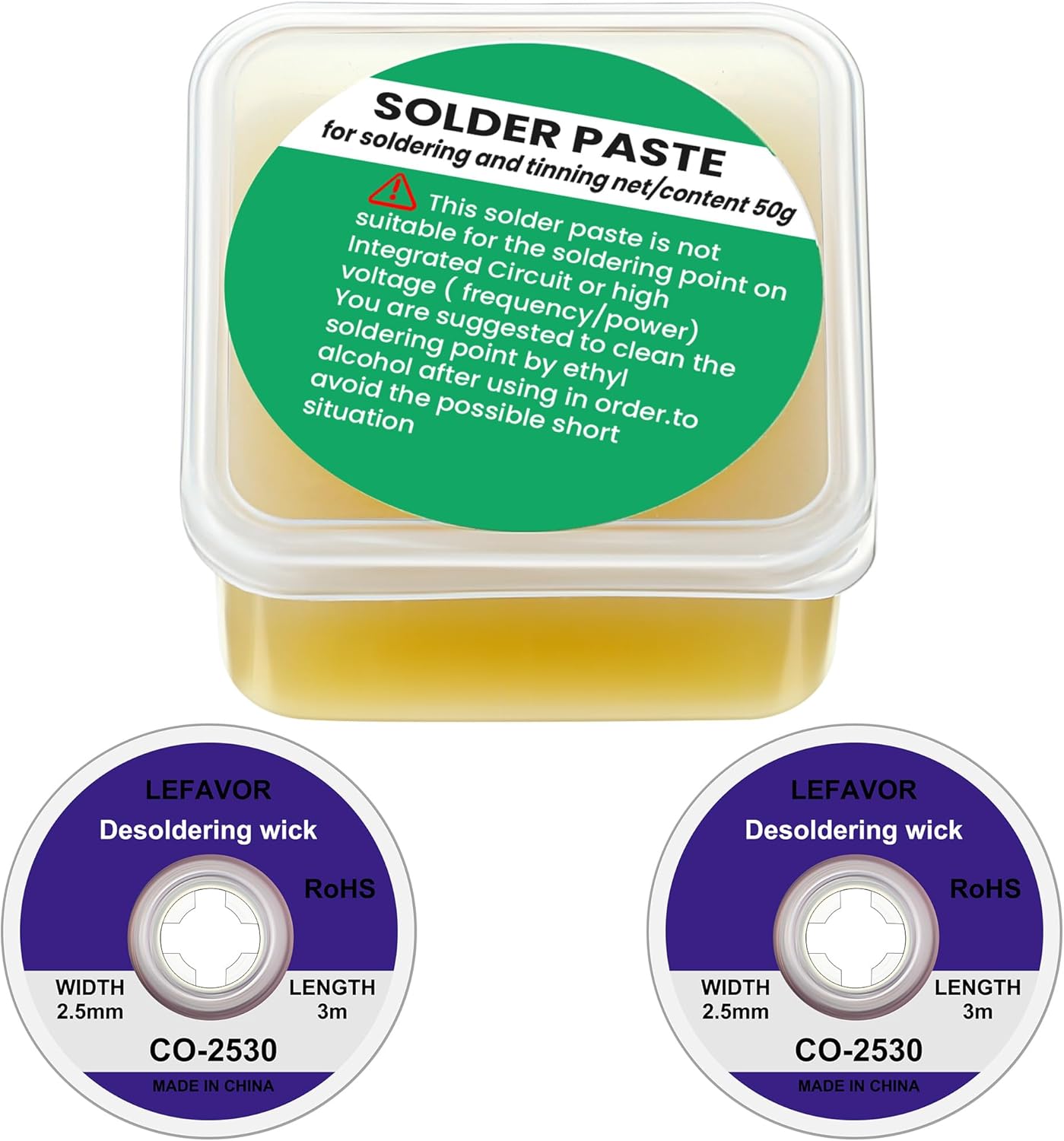 Dunkive 3 Pcs No Clean Solder Flux Paste Set, Soldering Flux with 9.84 FT Solder Remover Wick, 1 ...