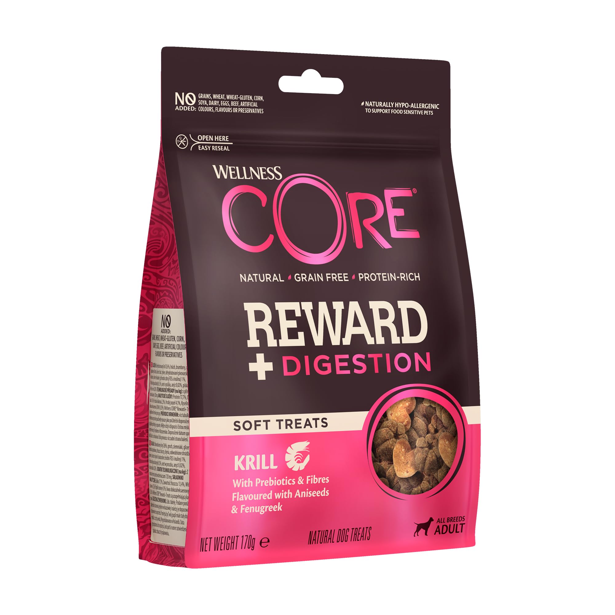 Wellness CORE Reward+ Digestion, 170g, Krill, Soft Dog Treats for All Dog Breeds, All-Natural ...