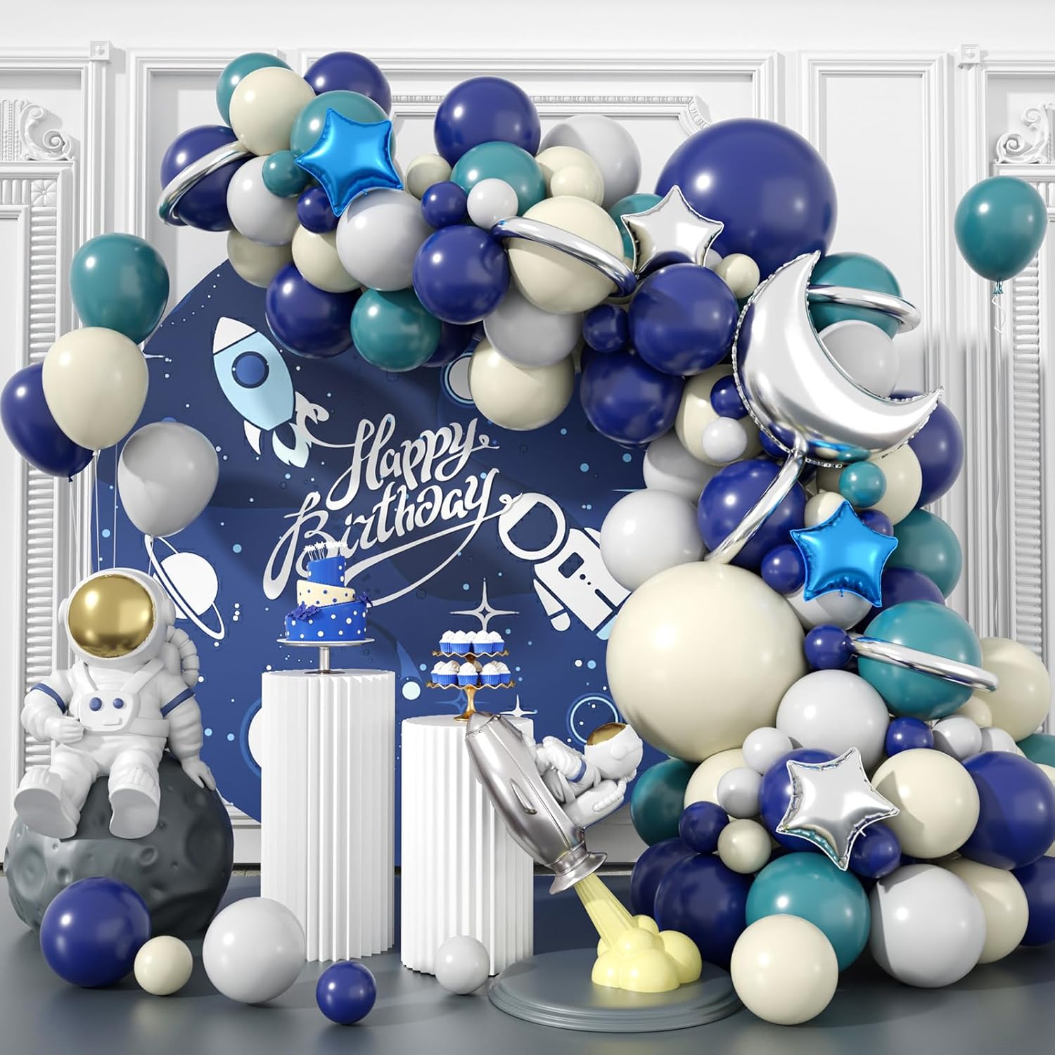 Amazon.com: Outer Space Balloon Arch Kit, Navy Blue And White Grey Sea ...