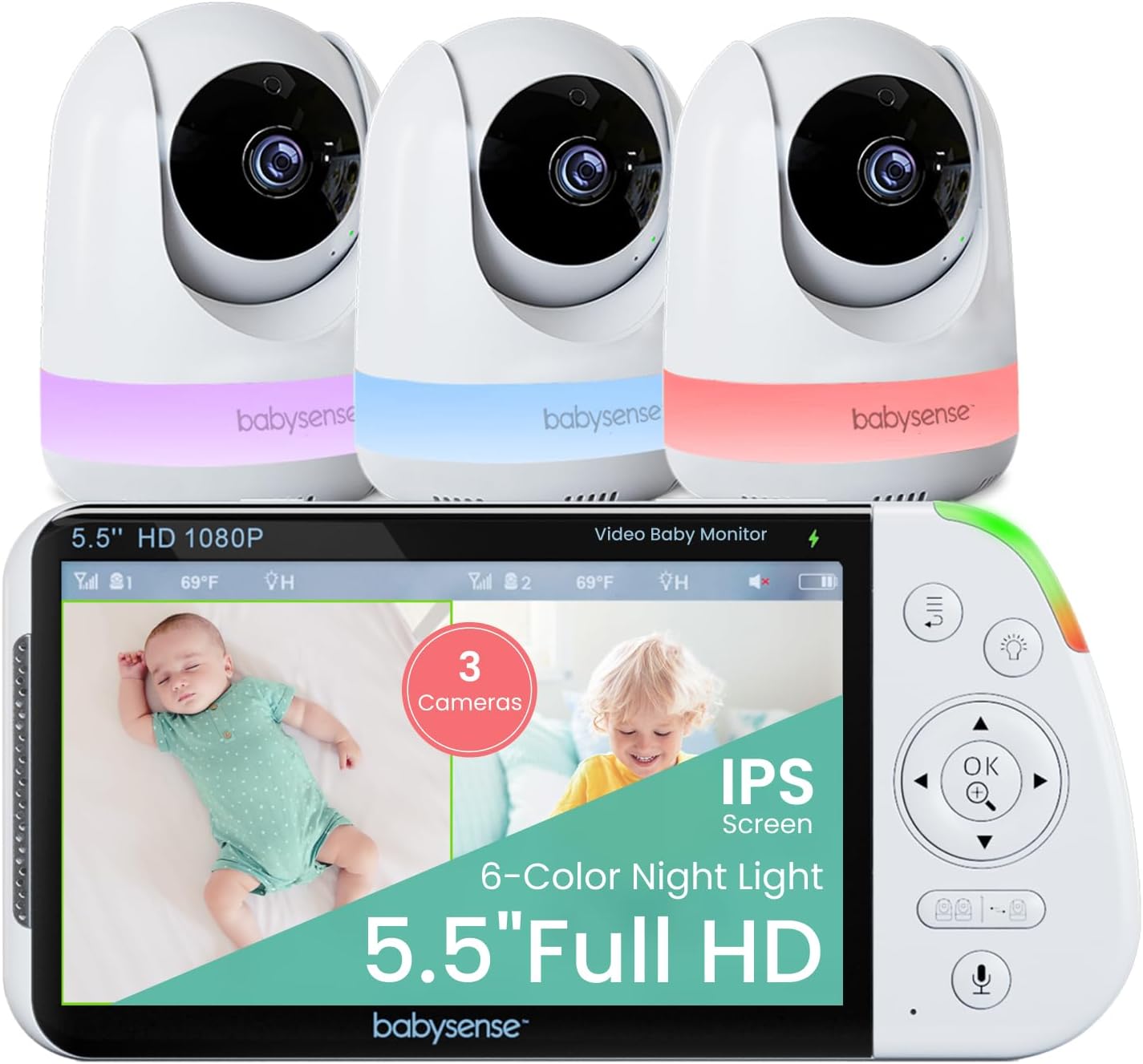 Amazon.com: Babysense 5.5" Full-HD Split-Screen Baby Monitor, 1080p ...