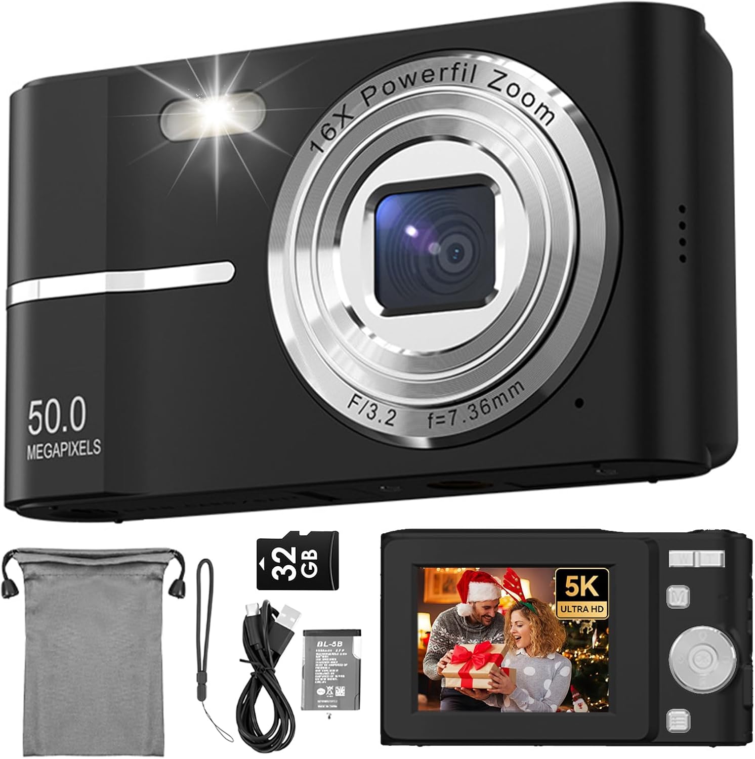 Amazon | 5000万画素・4K動画撮影 デジタルカメラ かわいい カメラ イカメラ デジカメ 自撮り 小型軽量 32GBマイクロSD ...