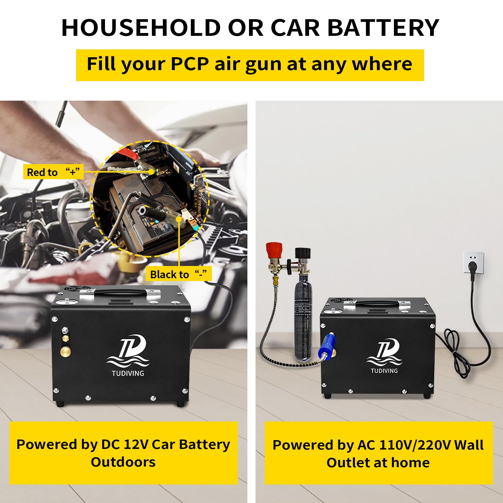 PCP Air Pump TUDIVING 4500PSI Portable Air Compressor - 12V/110V High ...