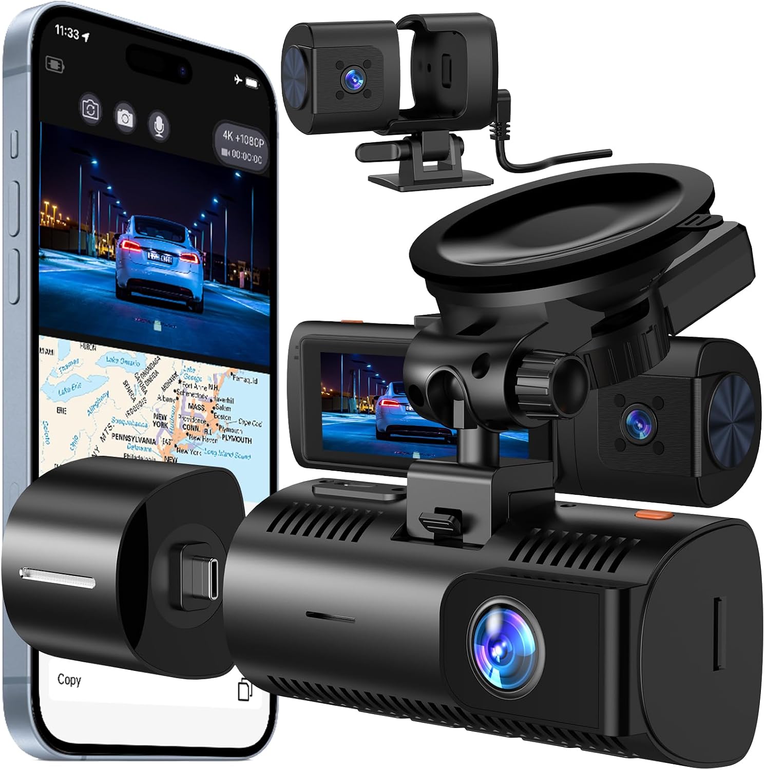 Amazon.com: 4K Dash Cam Front and Rear Inside, 3 Channels Dash Cam ...
