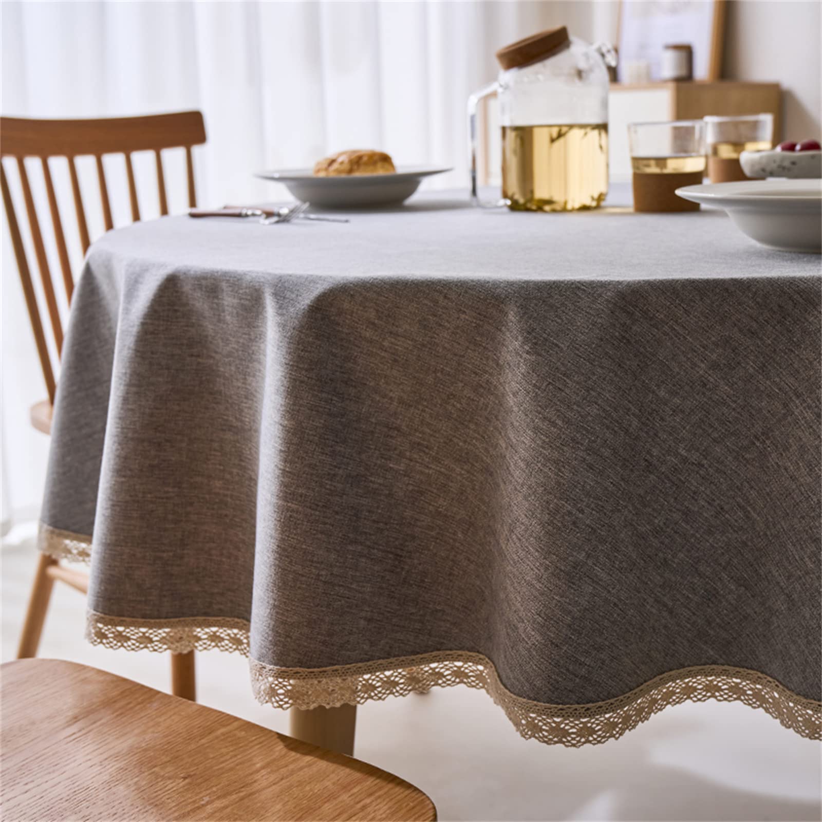Amazon.com: Linen Textured Round Tablecloth with Lace Trim - Waterproof ...