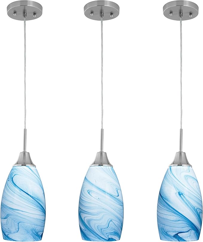 Mini Glass Pendant Light With Handblown Blue Marble Art Glass Shade ...