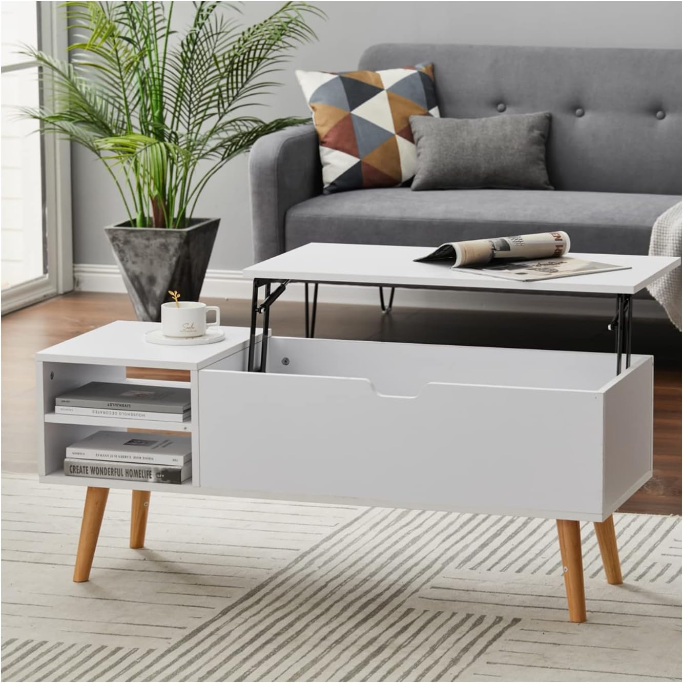 Home Source Lift Up Top Coffee, Pivoting Lid Living Room Table with ...