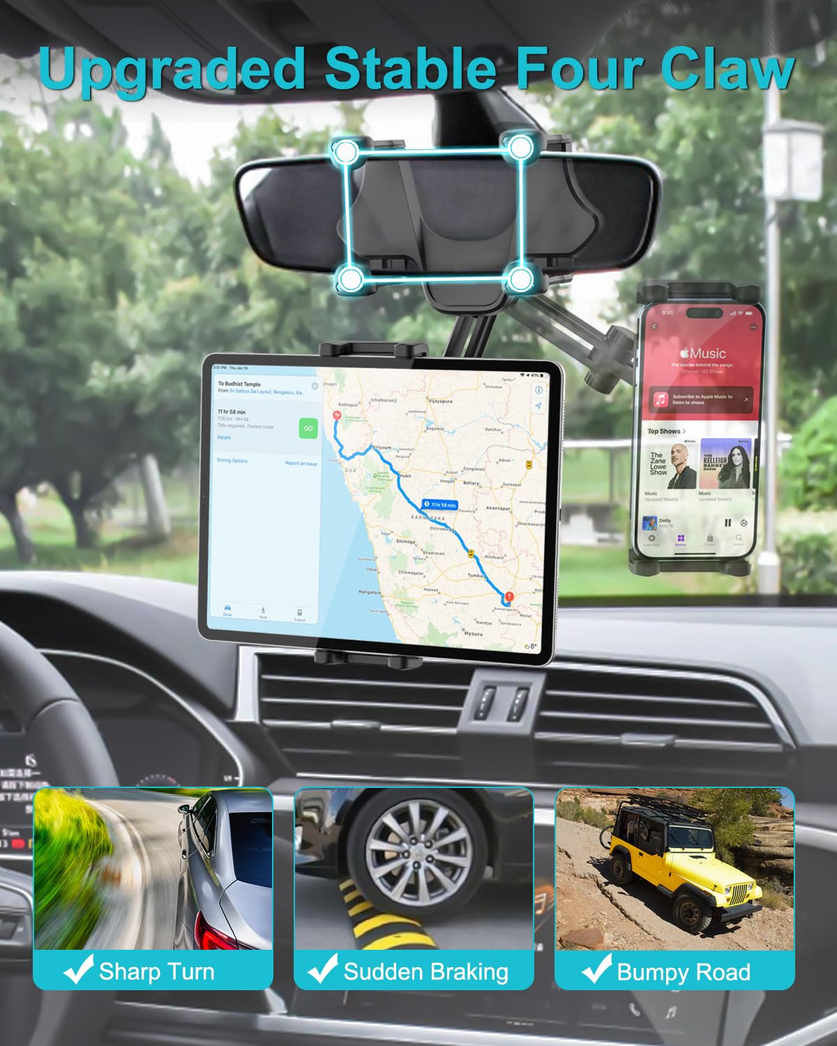 Car Tablet Mount Rear View Mirror, [4 Clip More Sturdy] Rearview Mirror ...
