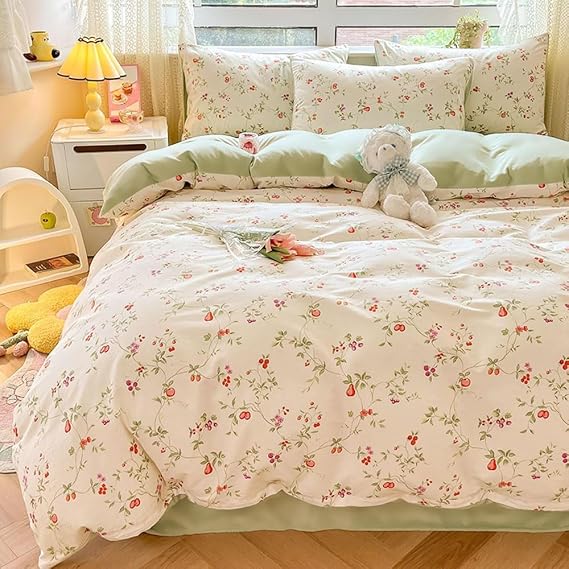 Covebett Bed Linen 140 x 200 cm Green White Leaves Flowers Floral ...