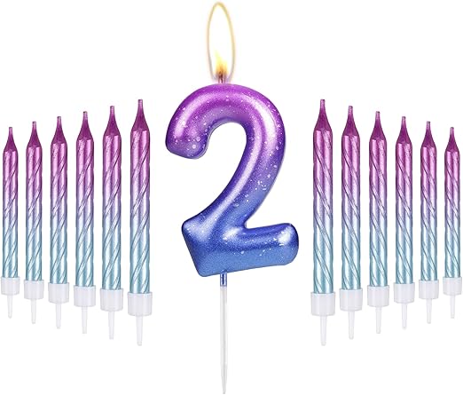 i-QiQi 2nd Birthday Candles Purple to Blue Gradient Candle with 12Pcs ...