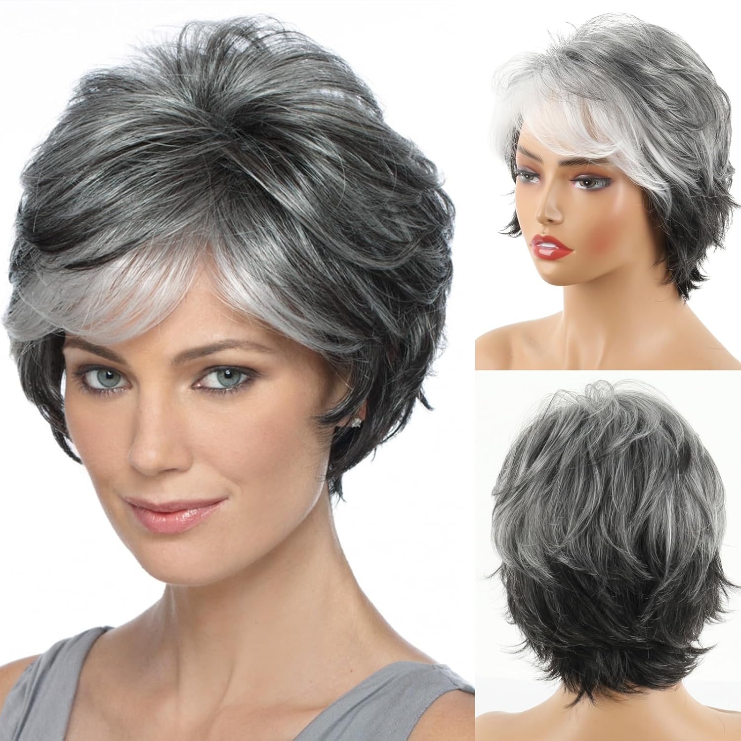 Amazon.com : Oseti Gray Wig - Short Highlight Pixie Cut with Bangs ...