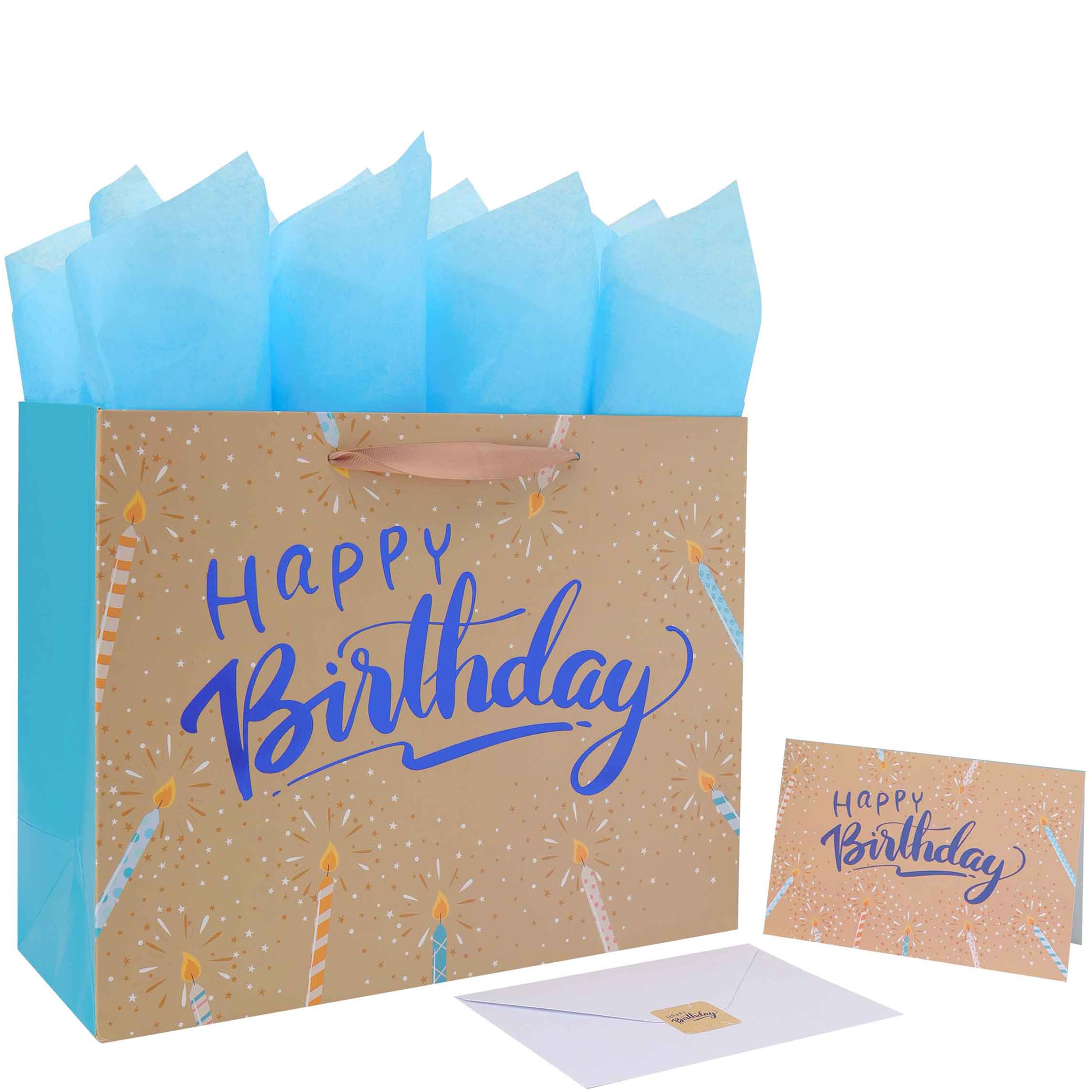 Amazon.com: 13” Large Brown Happy Birthday Gift Bag Set with Handles ...