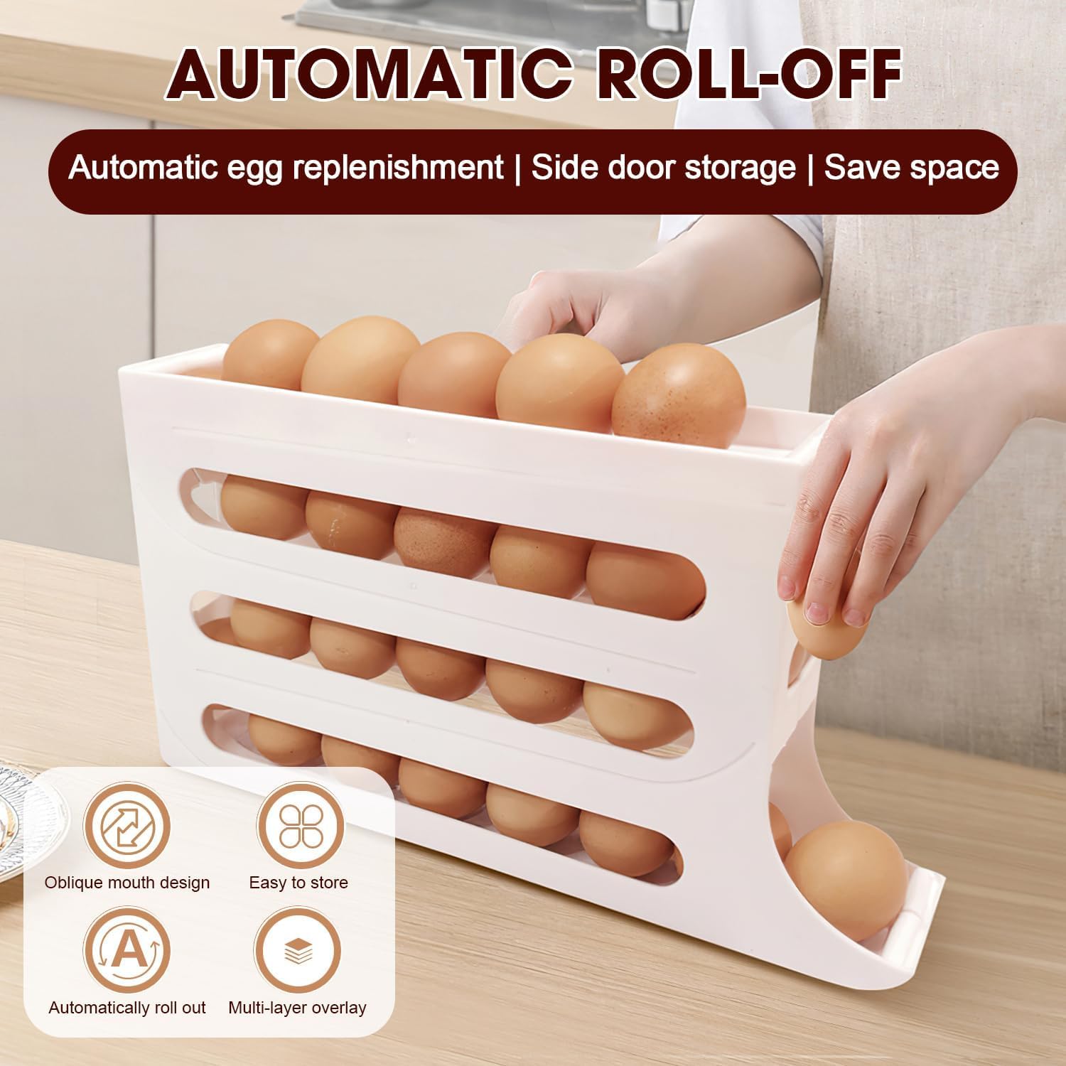 MEETOZ 4 Tiers Egg Holder for Fridge, Automatic Scrolling Egg Rack ...