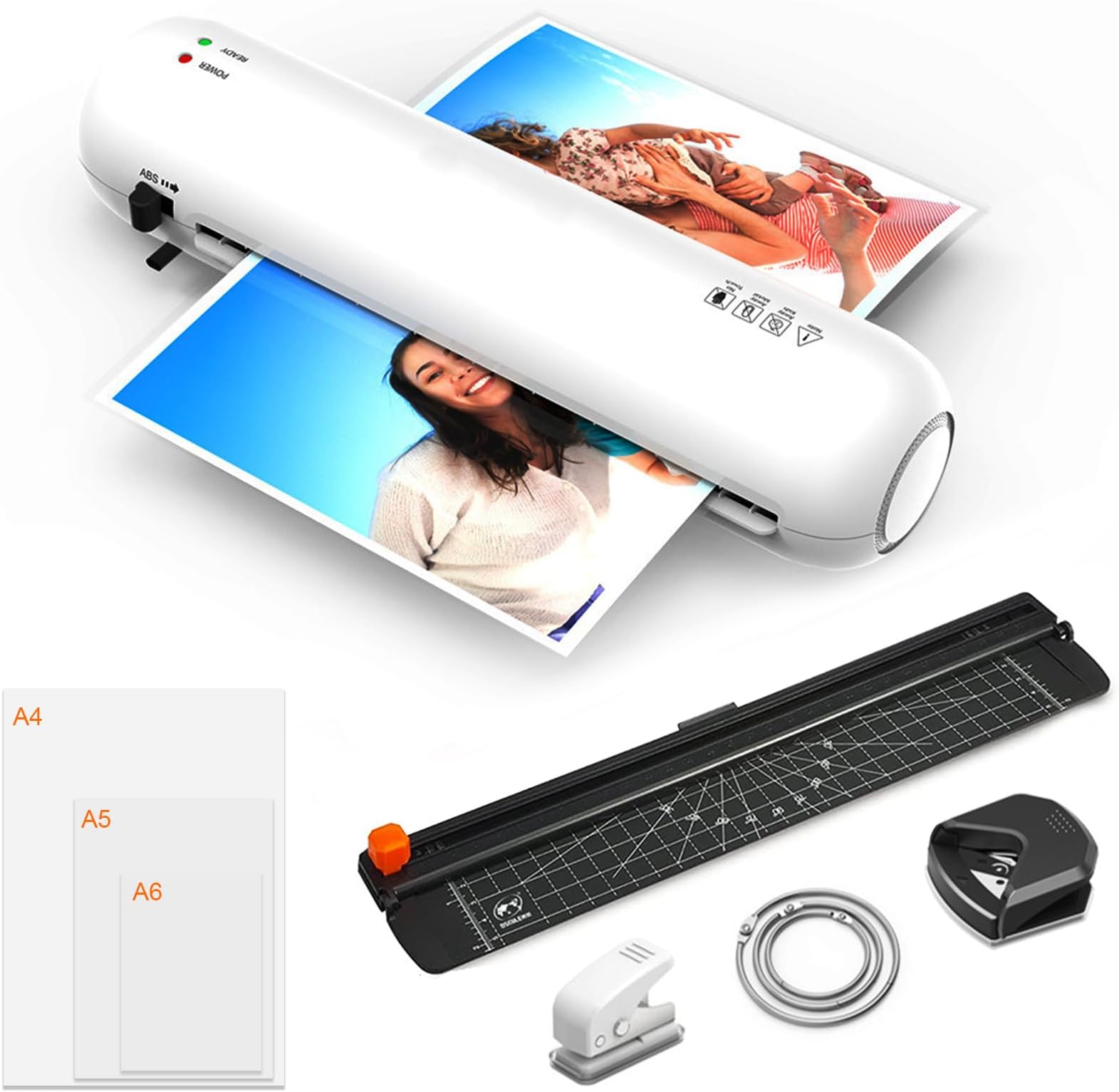 6-in-1 A4 Cold & Thermal Laminator Machine with 15 Pouches, Paper Cutter, Corner Rounder, Hole ...