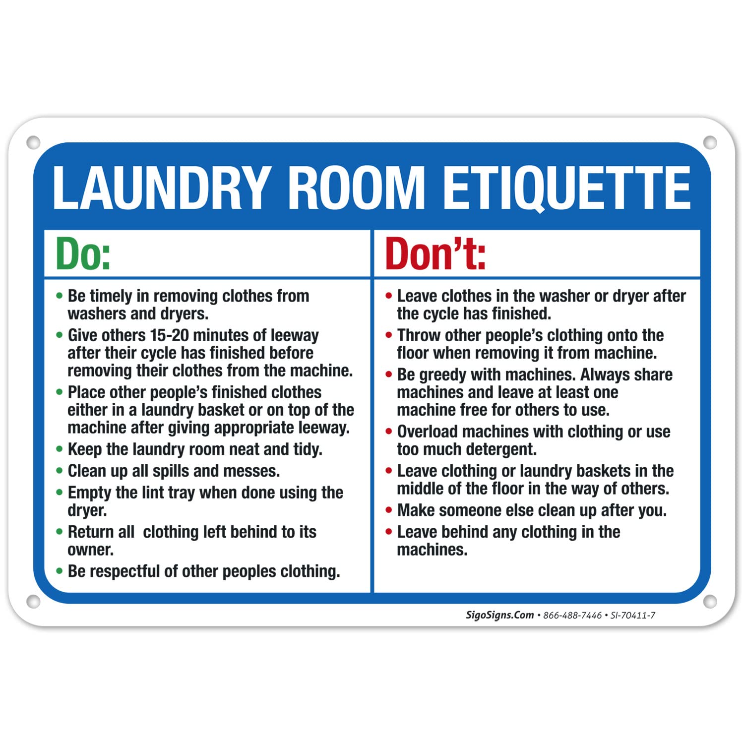 Laundry Room Etiquette Dos And Do Nots Sign, 10x7 Inches, Rust Free ...
