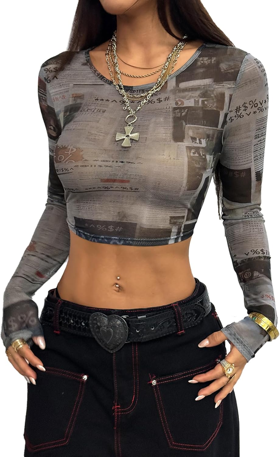 Amazon.com: GORGLITTER Women's Graphic Mesh Crop Top Y2k Long Sleeve ...