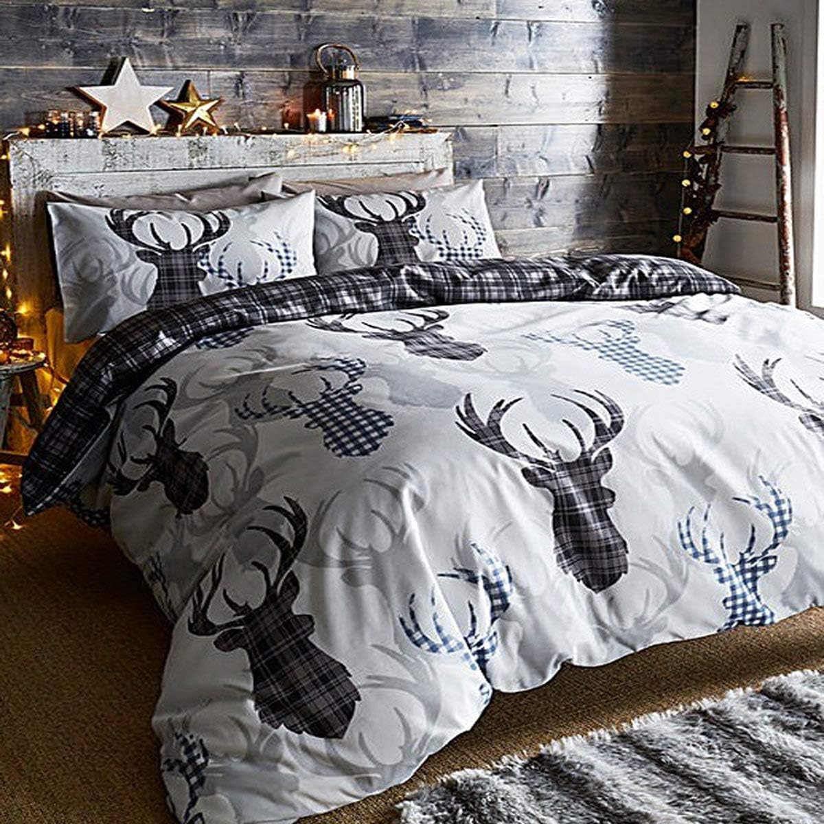 Tartan Check Stag Rein Deer Duvet Quilt Cover 3 pieces, Double Bedding ...
