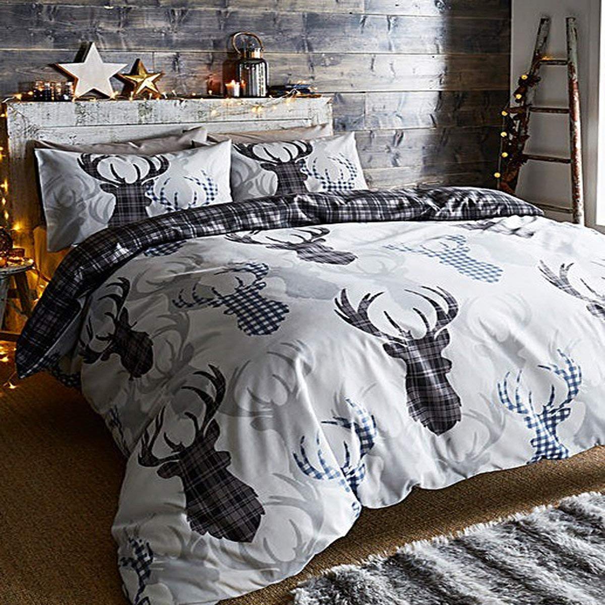Tartan Check Stag Rein Deer Duvet Quilt Cover 3 pieces, Double Bedding ...