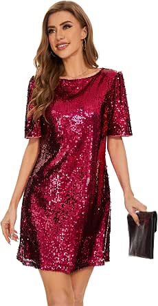 Amazon.com: FEMI SEMI Women Puff Short Sleeve Sparkle Shift Dress ...