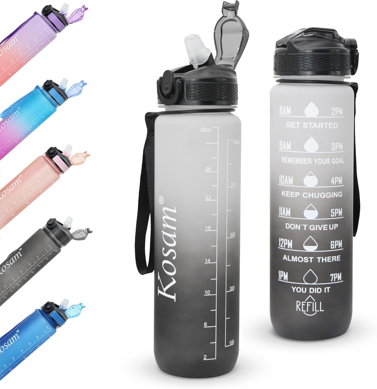 Botella de agua deportiva de 1 litro con marcador de tiempo motivacional y pajilla, apta para ...