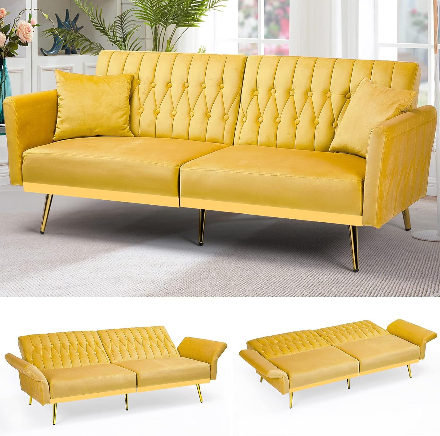 Amazon.com: ACMEASE 69” Velvet Futon Sofa Bed w/Adjustable Armrests & 2 ...