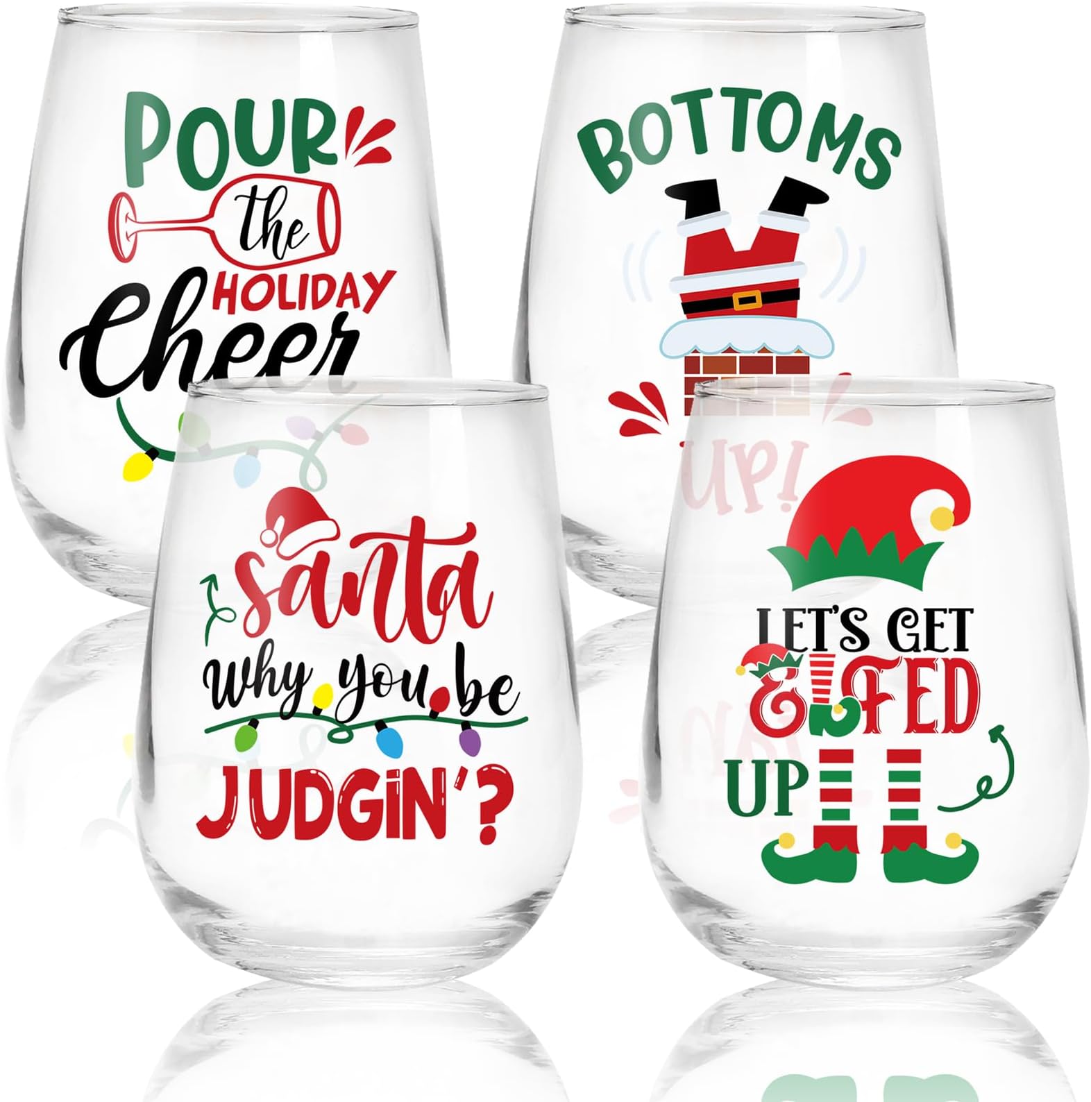 Amazon.com | Drunk Christmas Funny Stemless Wine Glasses Set of 4 | Hilarious Christmas Themed ...