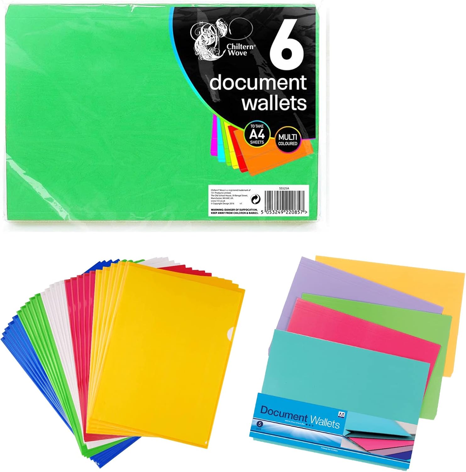 Pack of 6 Document Wallets A4 Sheets Folders 3 Assorted Colours Half ...