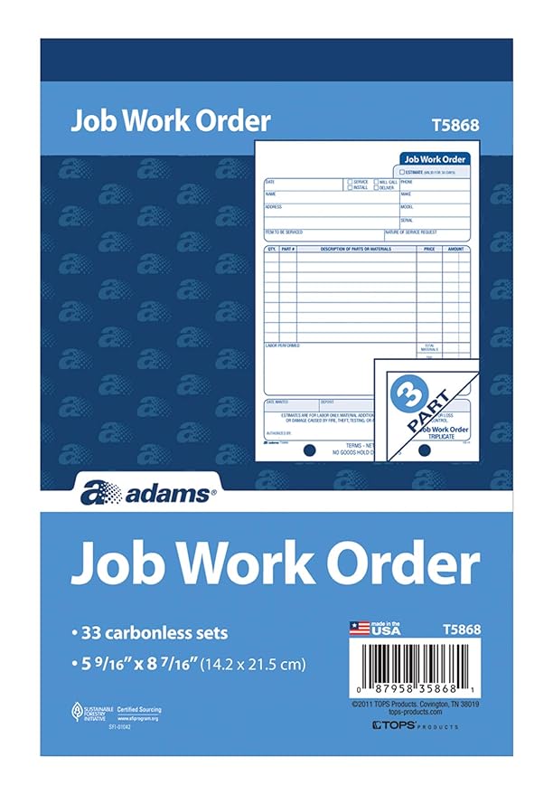 Adams Job Work Order Book, 5.56 x 8.44 Inch, 3-Part, Carbonless, 33 ...