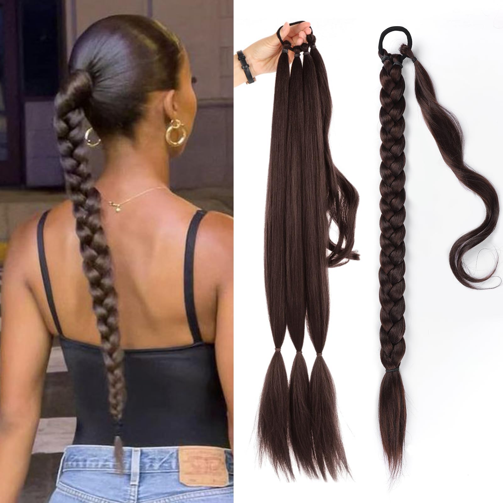 EMMOR Long Braided Ponytail Extension with Hair Straight Wrap Around ...