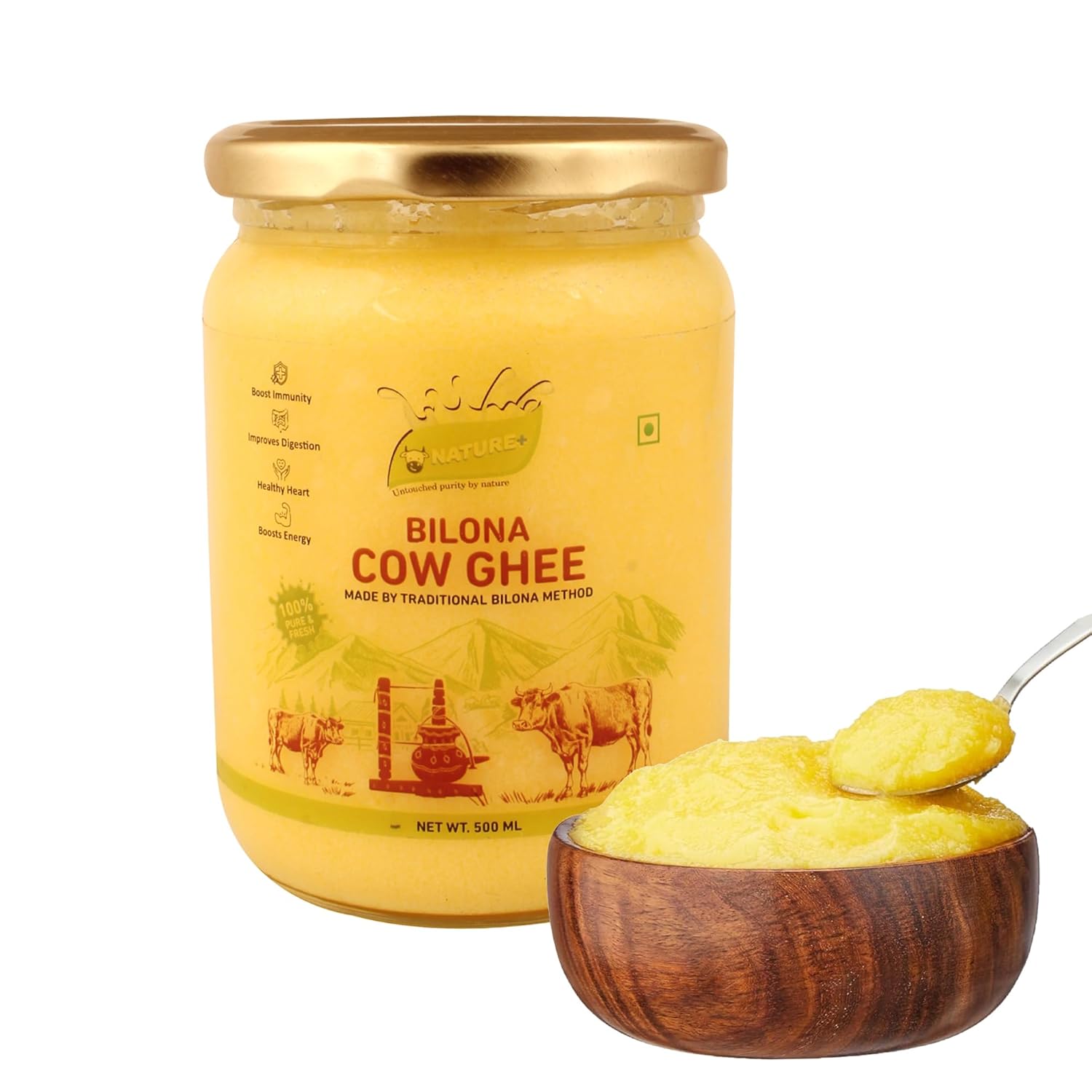 Nature Plus Bilona A2 Cow Ghee 500mL | Glass Jar | Bilona Method | Curd ...