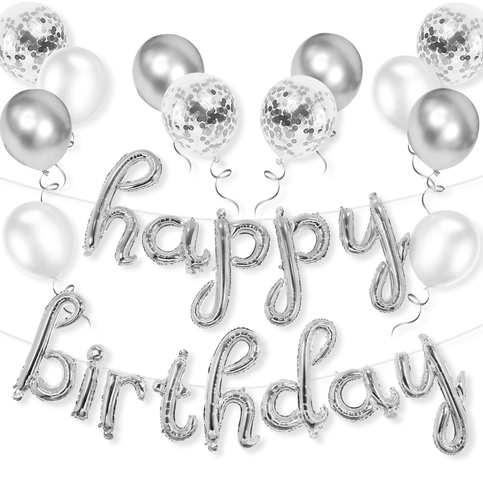 Snapklik.com : Silver Happy Birthday Banner, 25 Pcs Cursive Silver Foil ...