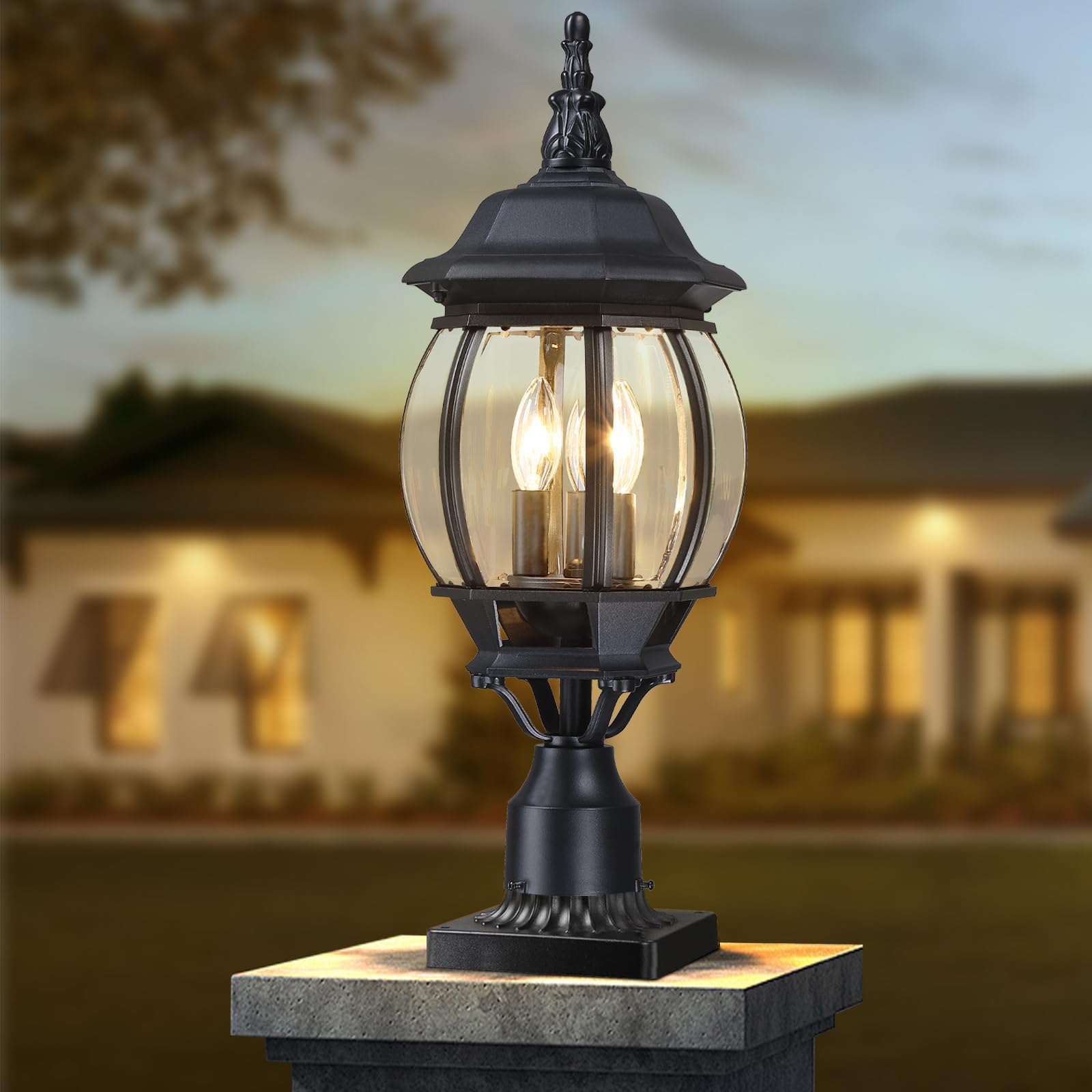 21" Outdoor Post Lights, 3-Light Lamp Post Light Fixture, Black Pillar ...