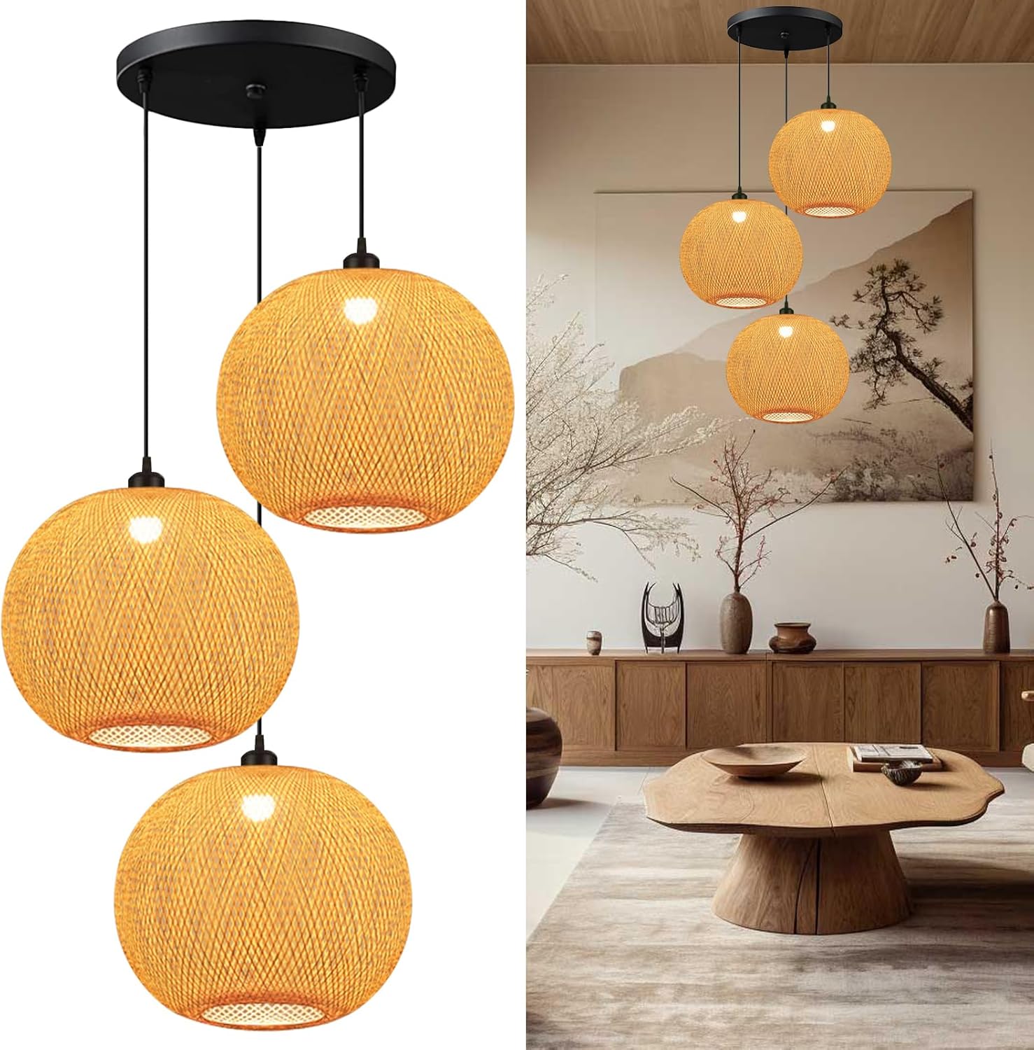 Bamboo Pendant Lights, 3 Headlights E26 E27 Retro Rustic Bamboo Wicker ...