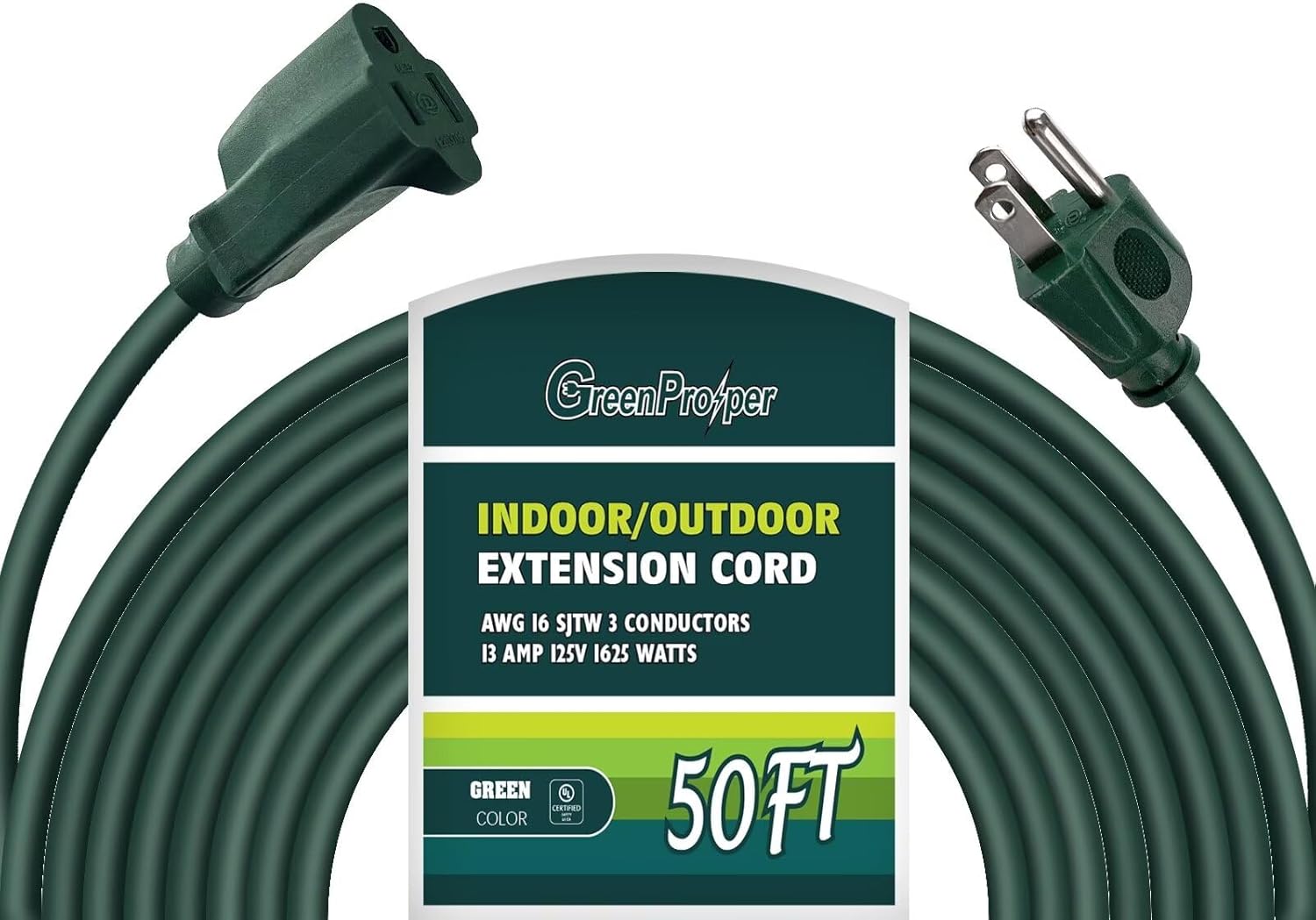Amazon.com: GreenProsper 50 Ft Indoor Outdoor Green Extension Cord, 16 ...