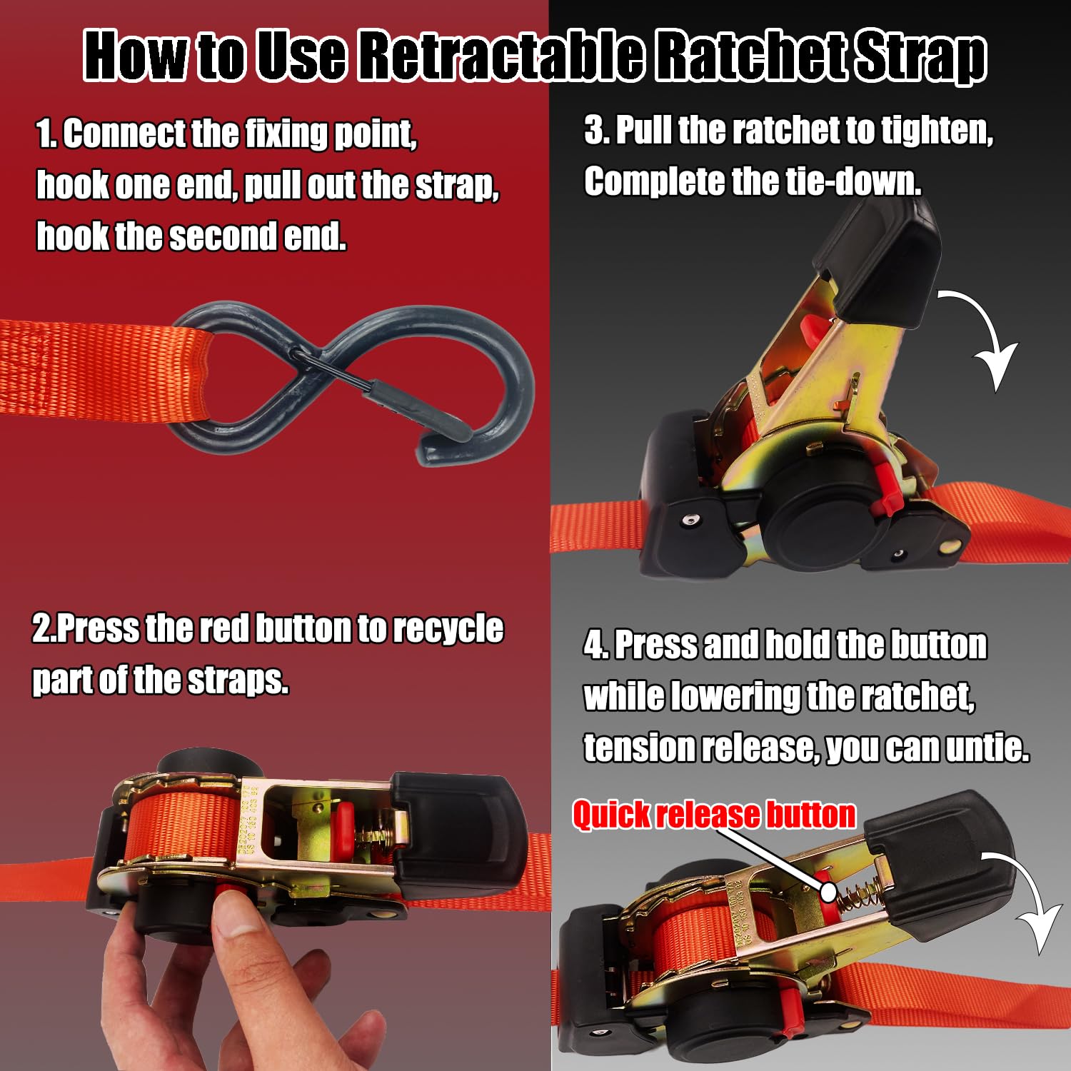 Snapklik.com : KJE Retractable Ratchet Tie Down Straps (4Pack), 1" X 10 ...