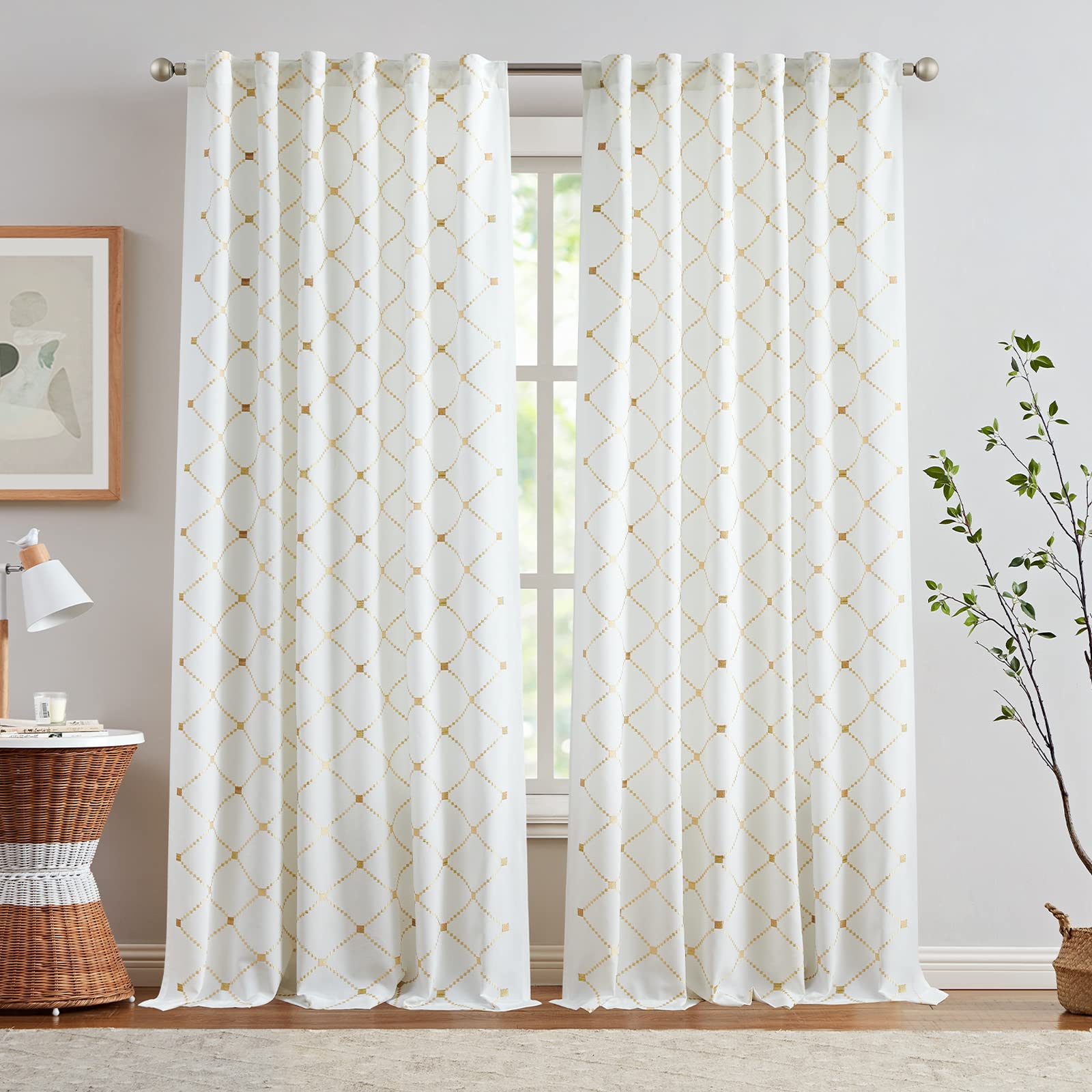 jinchan White Curtains for Living Room with Diamond Embroidery 55" x 84 ...