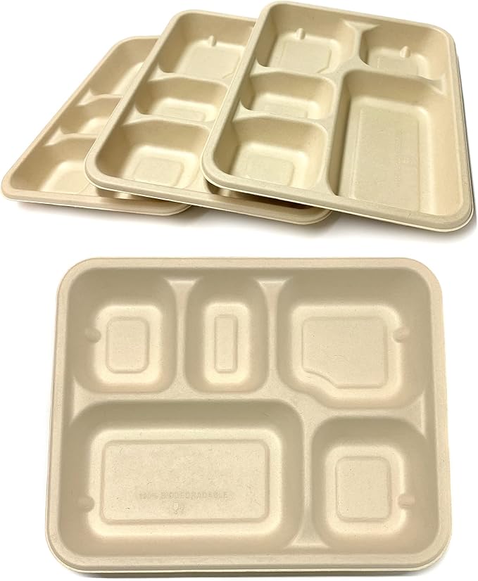 DISPOSABLE GREEN – Rectangle Bagasse Compartment Plates, 5 Compartment ...