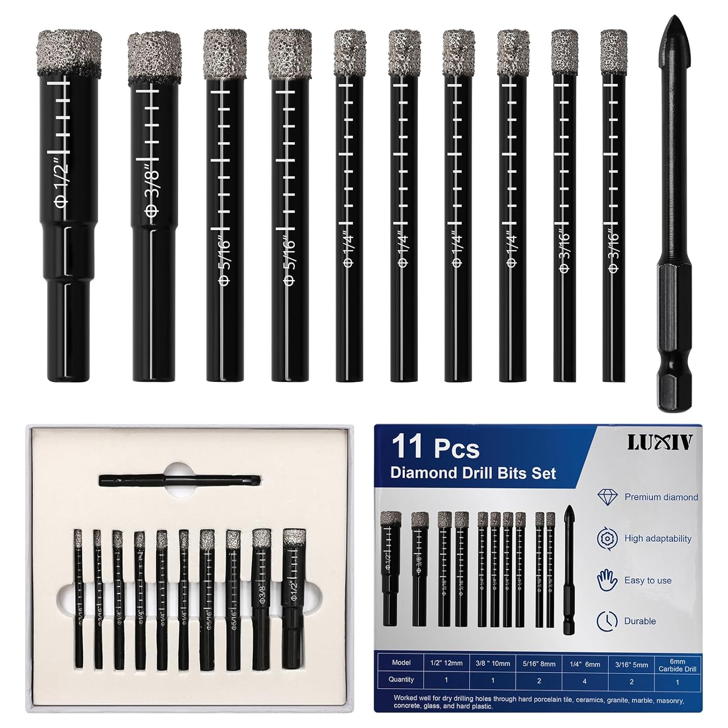 11 Pcs Diamond Drill Bit Set, Luxiv Granite Ceramic Dry Diamond Hole ...