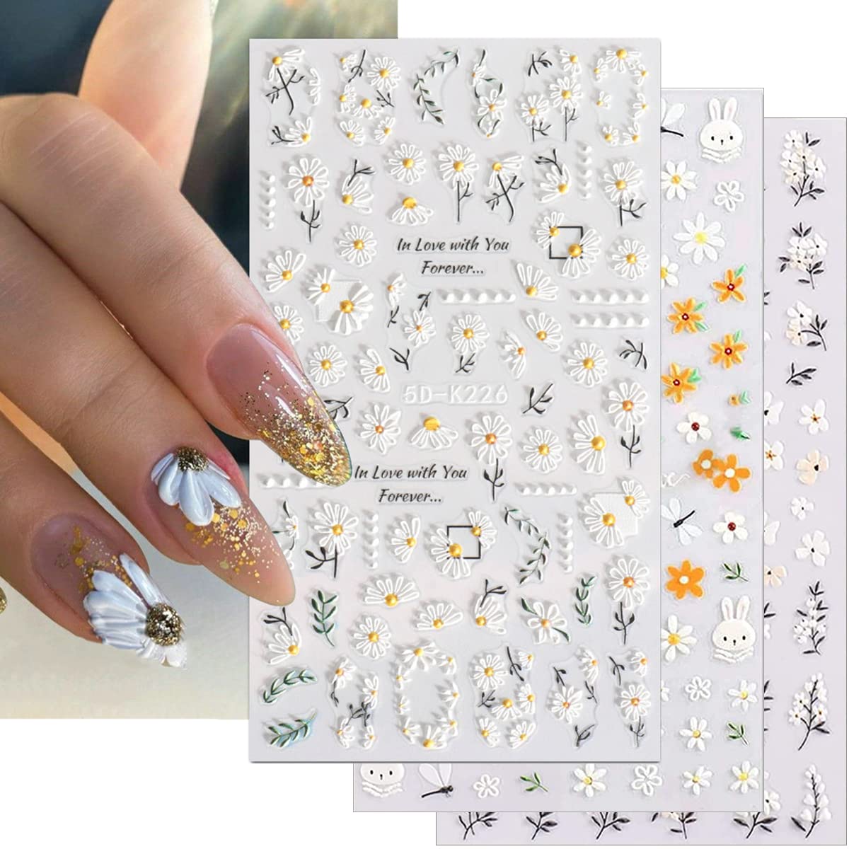 Amazon.com: Daisy Nail Art Stickers 5D Embossed Flower Nail Decals ...