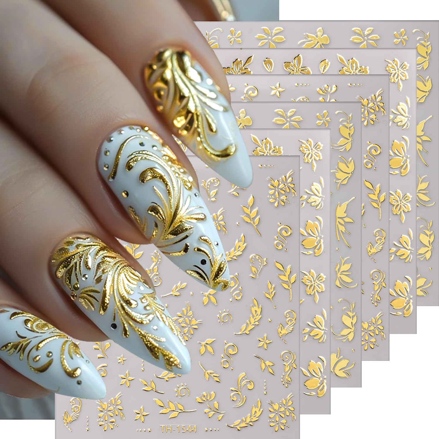 Amazon.com: 6 Sheets Flower Nail Art Stickers Decals Gold Floral Nail ...