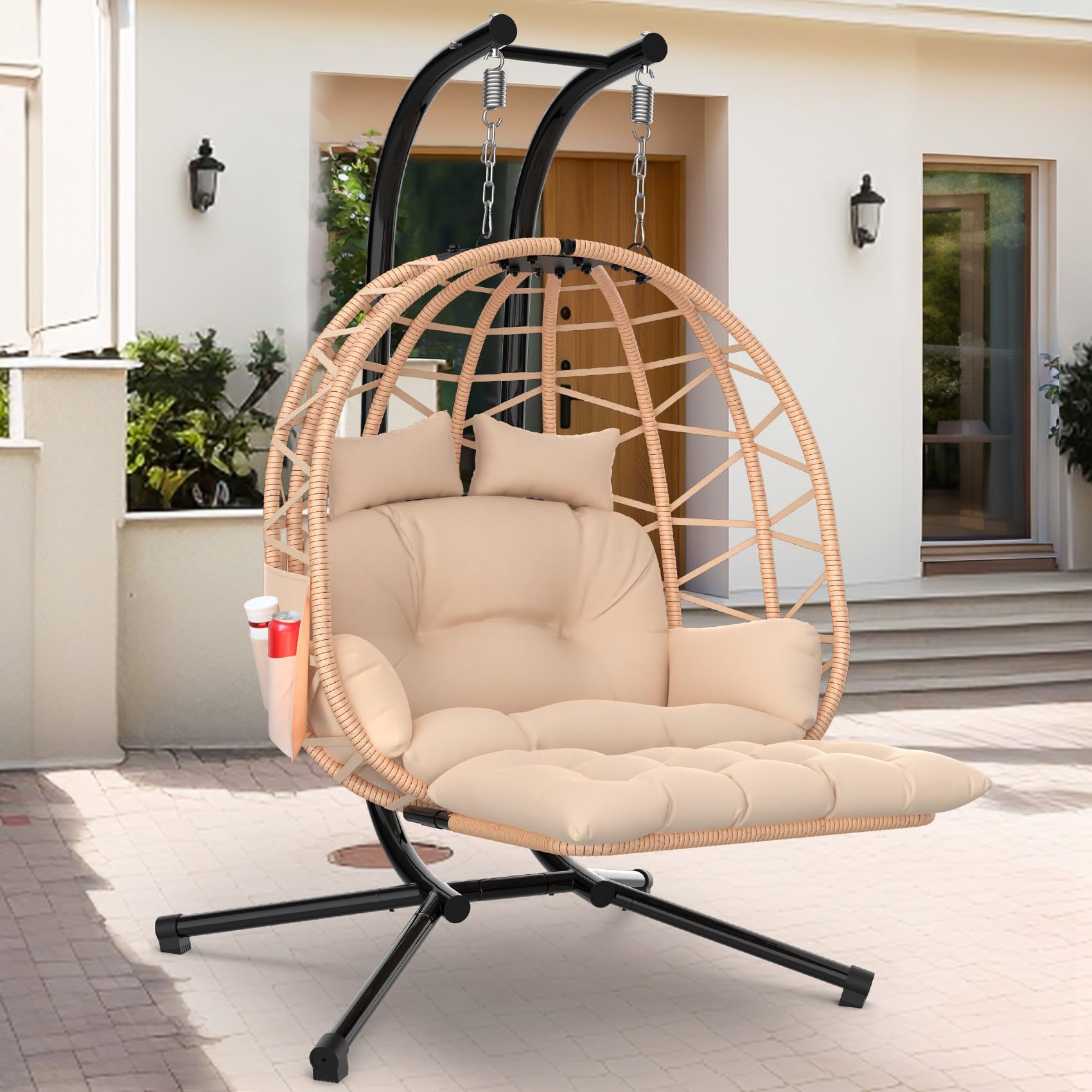 ZENPETIO Double Egg Chair with Stand & Leg Rest, 2 Person Rattan Wicker ...