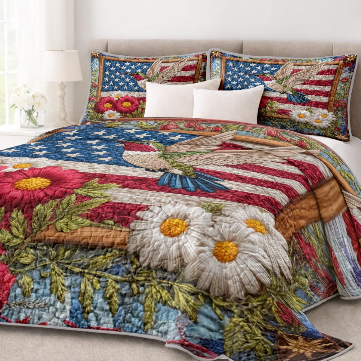 Amazon.com: Hummingbird Quilt Set King, Floral Patriotic Bedding Set 3 ...