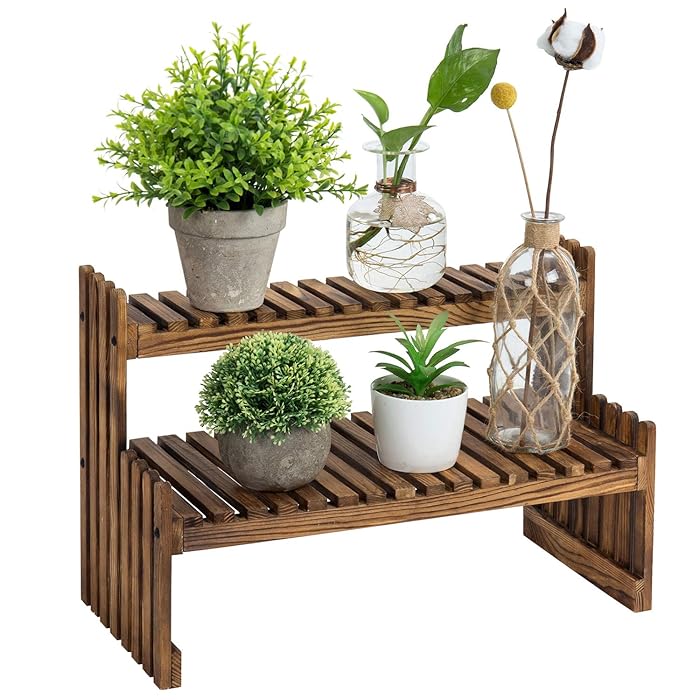 Buy MyGift 2 Tier Tabletop Rustic Dark Brown Wood Plant Display Riser ...