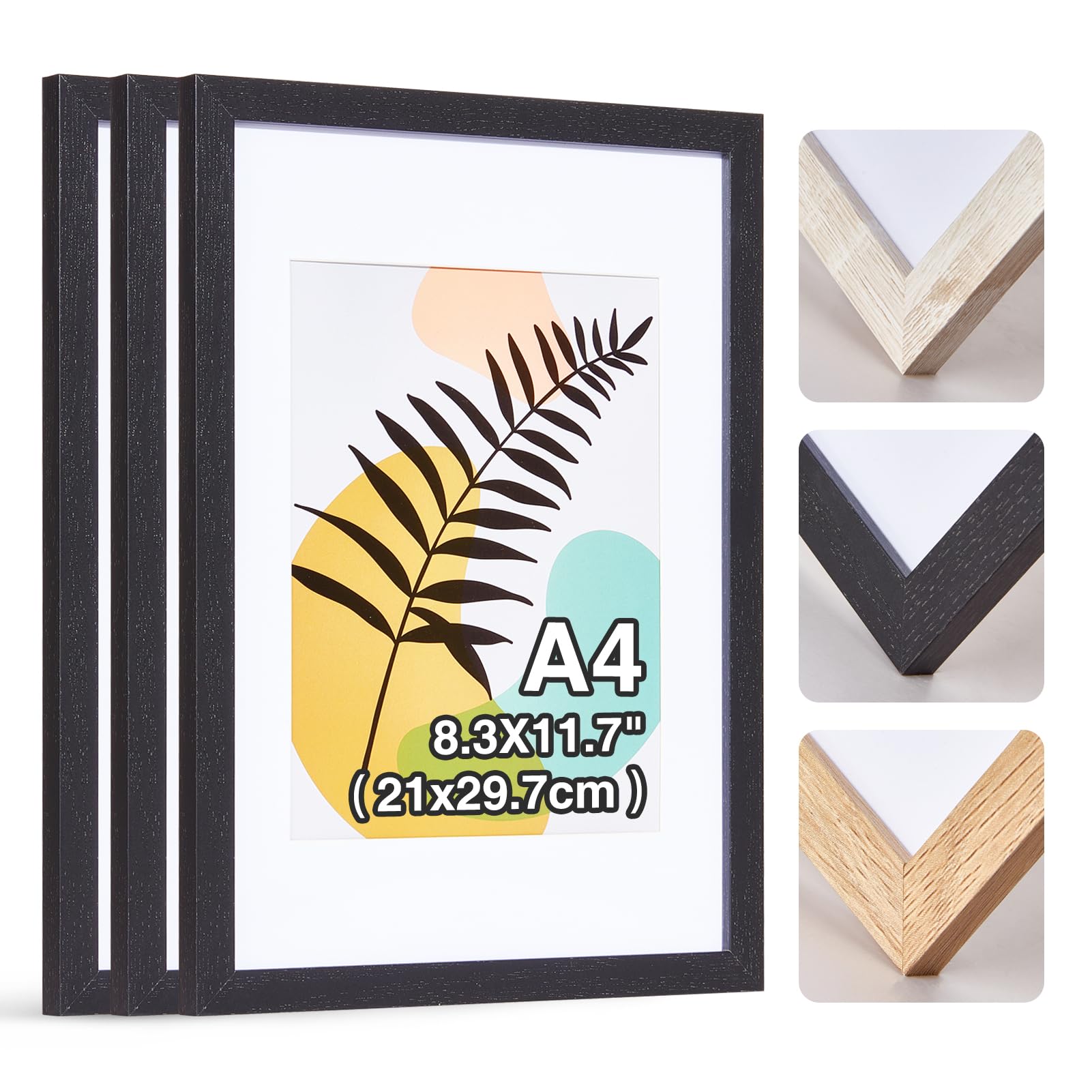 HOUSE DAY A4 Picture Frames Set of 3, Wooden Black Photo Frames for ...