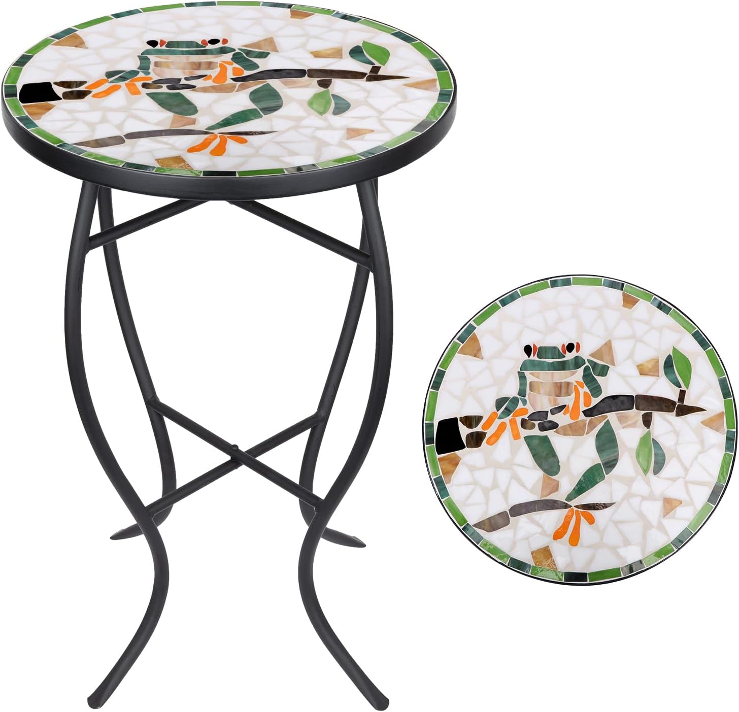 Patio Side Tables Outdoor, 14″ Frog Patio Accent Round Glass Mosaic ...