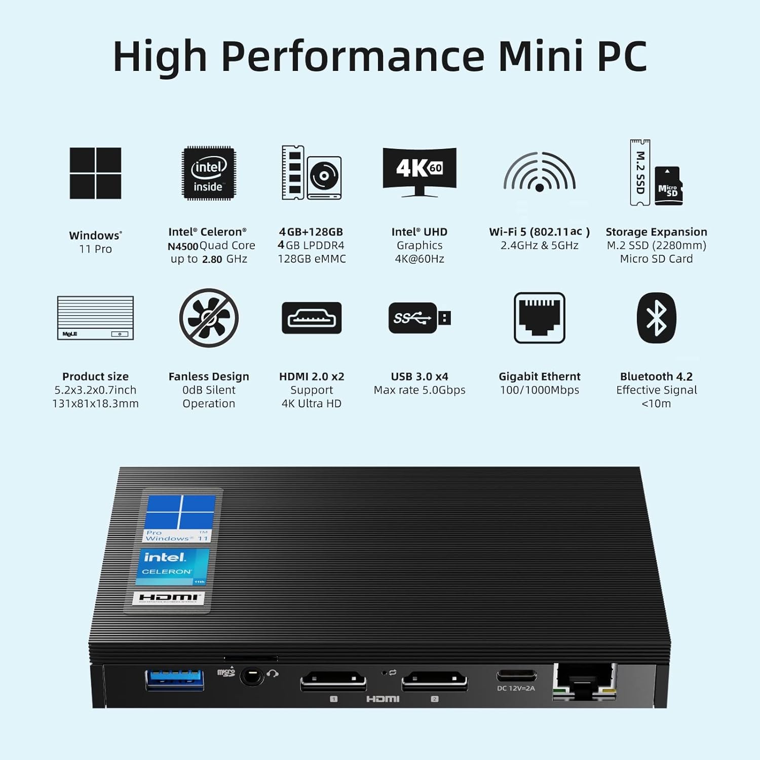 Mini PC Fanless Quieter3Q Windows 11 Pro N4500 4GB/128GB Small Desktop ...