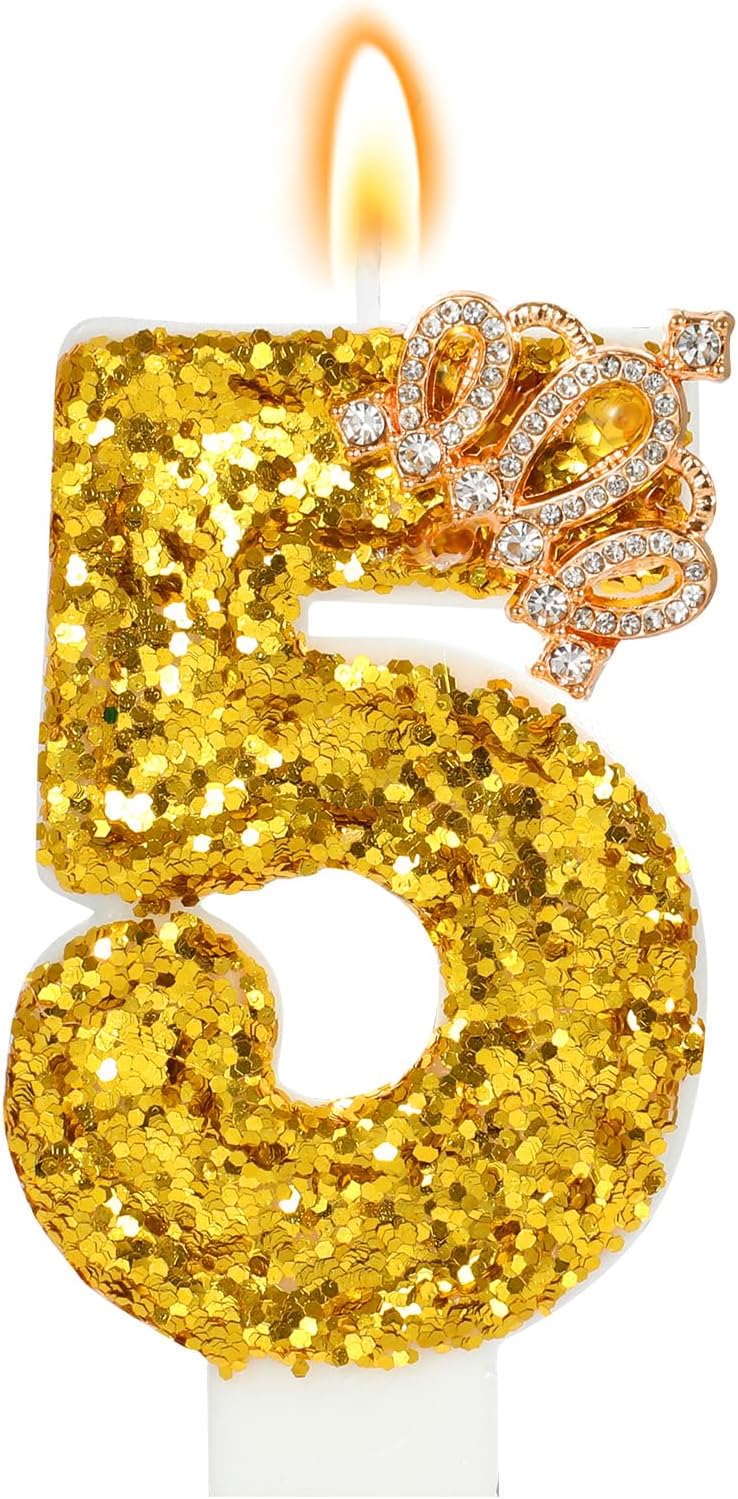 Amazon.com: Gold Birthday Candle Crown Number 5 Candle with Sequins ...